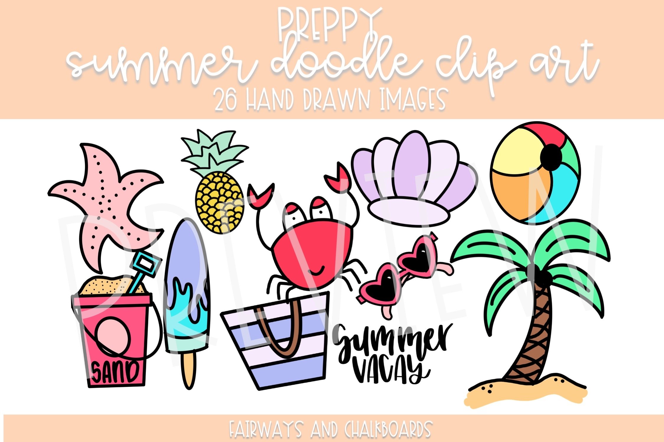Preppy Summer Doodle Clip Art | Color and Black and White!
