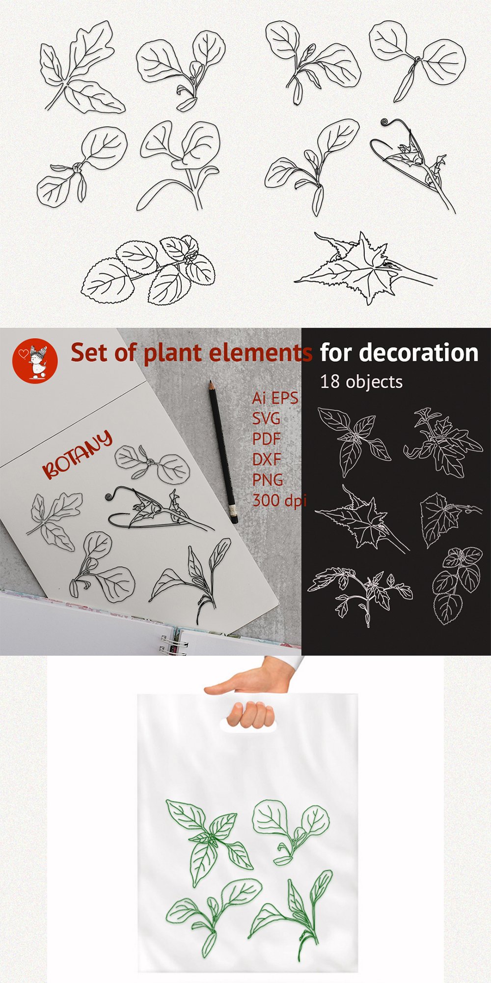 Set of plant elements for decoration