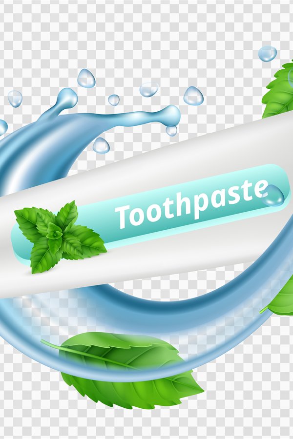 Mint toothpaste. Water splash, mint leaves, toothpaste tube