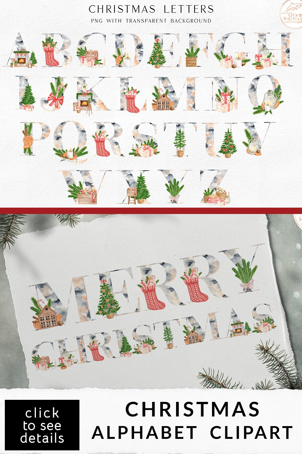 Watercolor Christmas Alphabet Clipart. Winter Monogram PNG