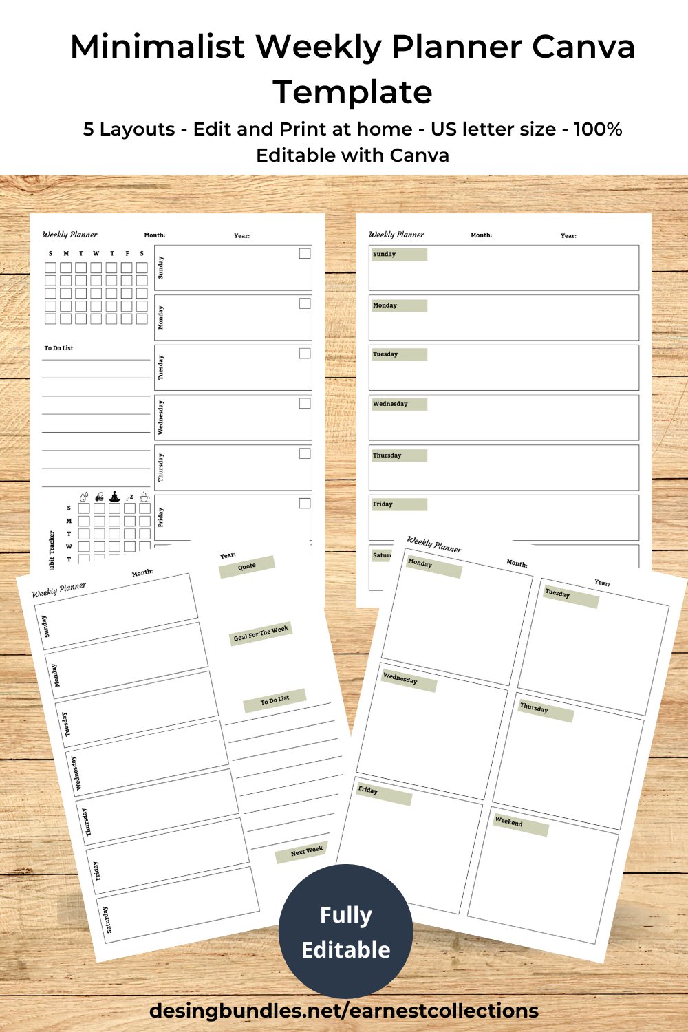 Minimalist weekly planner template fully editable with Canva