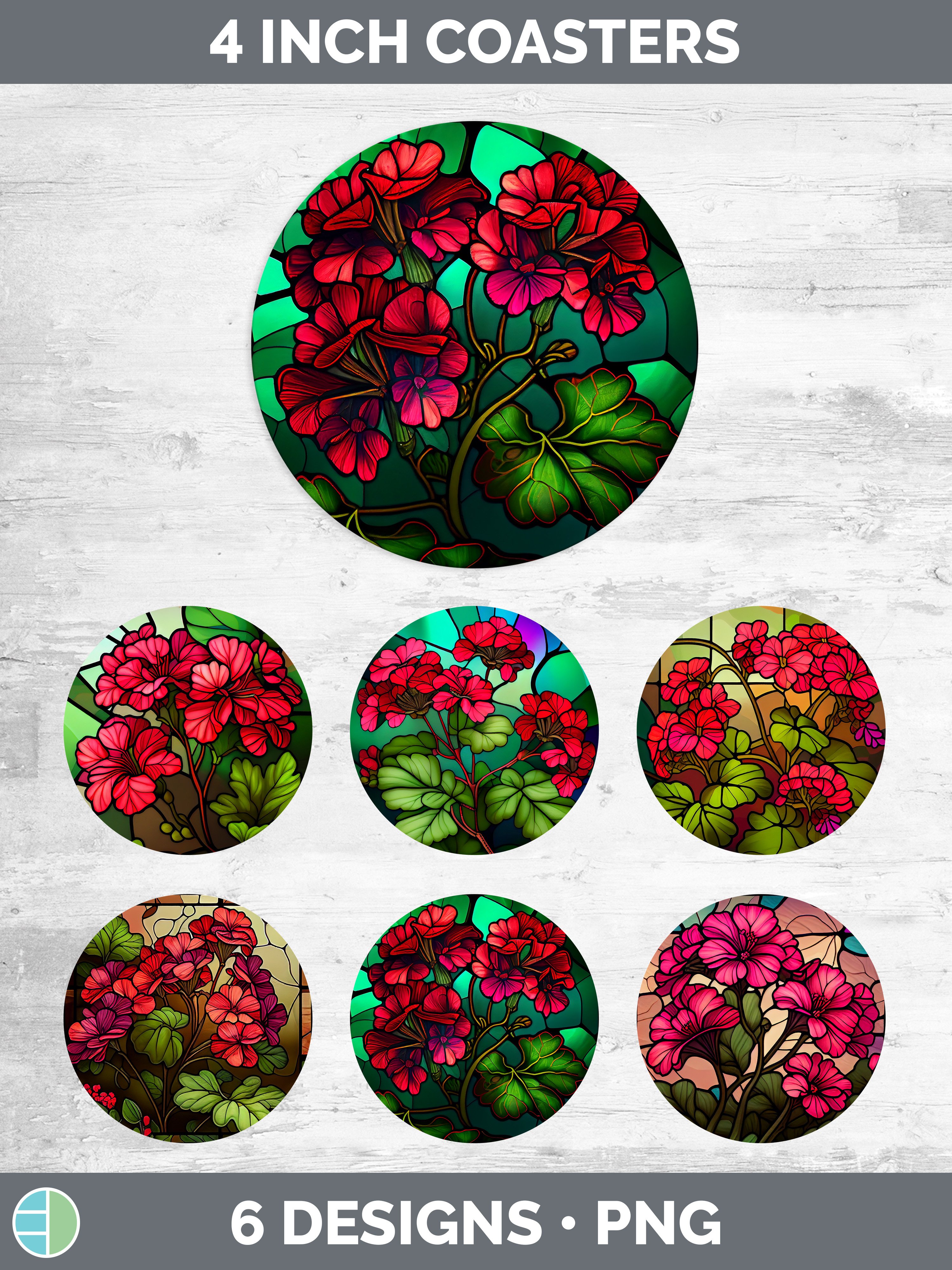 Stained Glass Geranium Flowers Round Coaster | Sublimation C