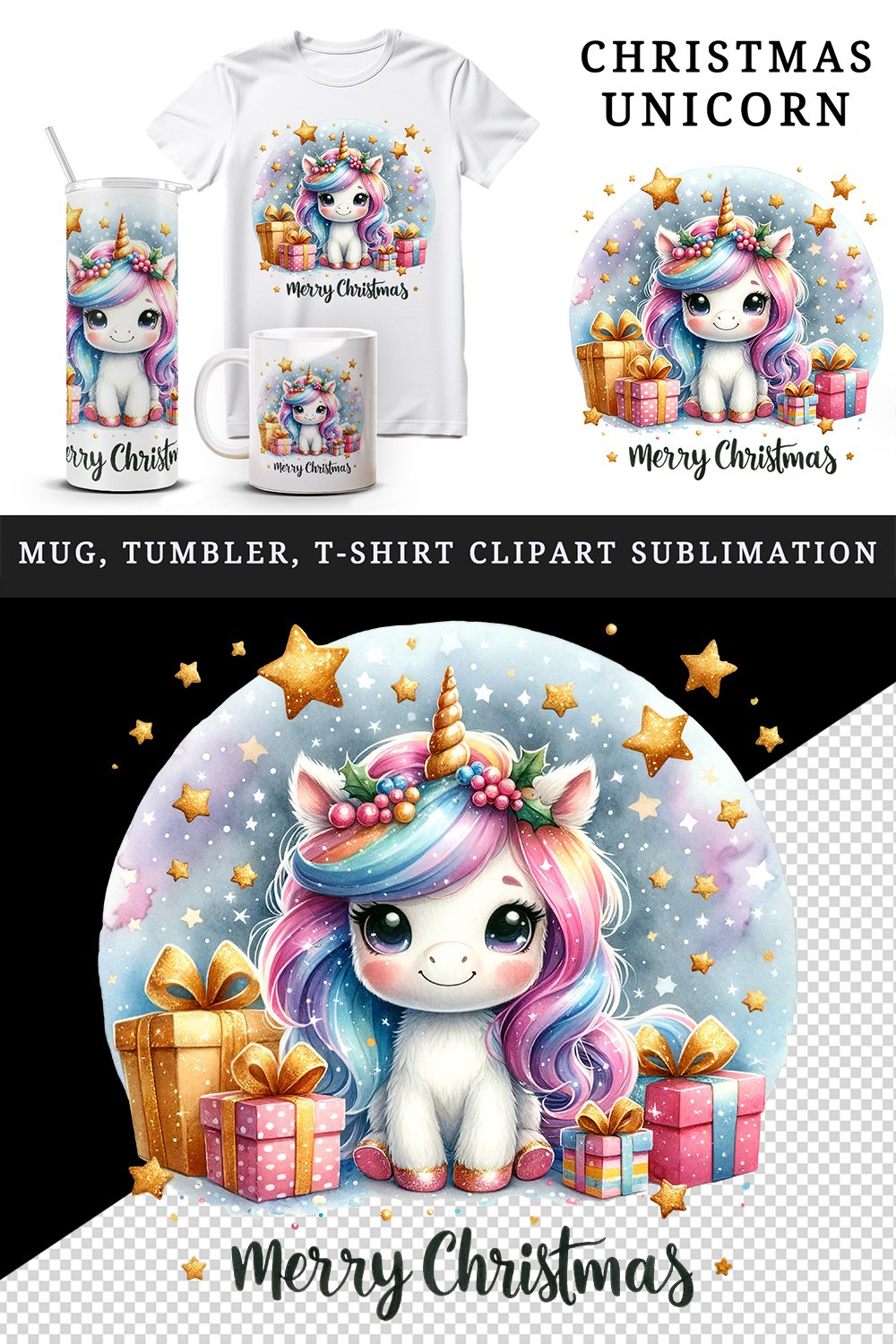Christmas Unicorn tumbler, mug wrap, clipart sublimation png