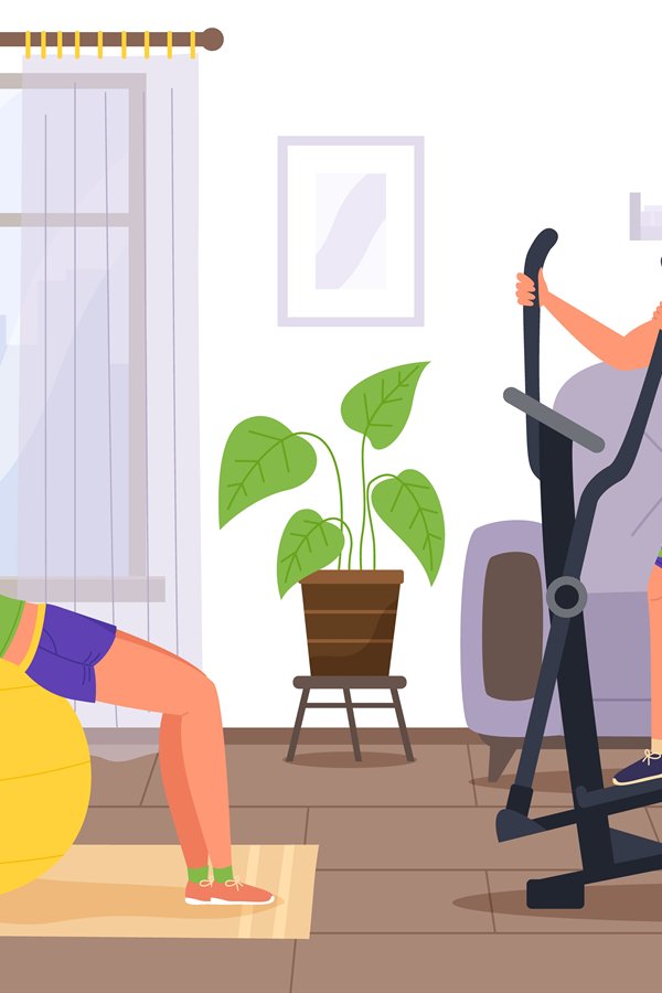 Couple sports at home. Fitness workout in room. Partners doi