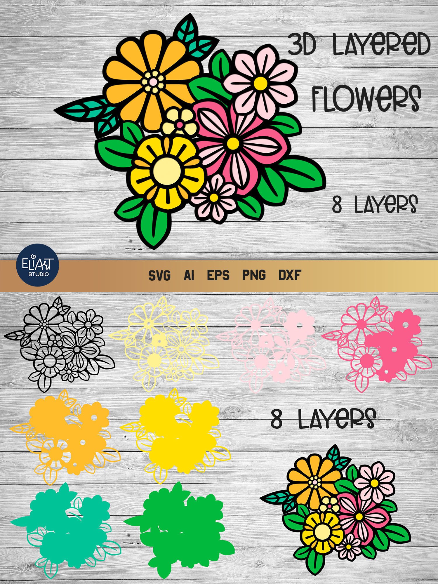 Flower SVG | Layered SVG Flowers | 3d Floral Bouquet SVG