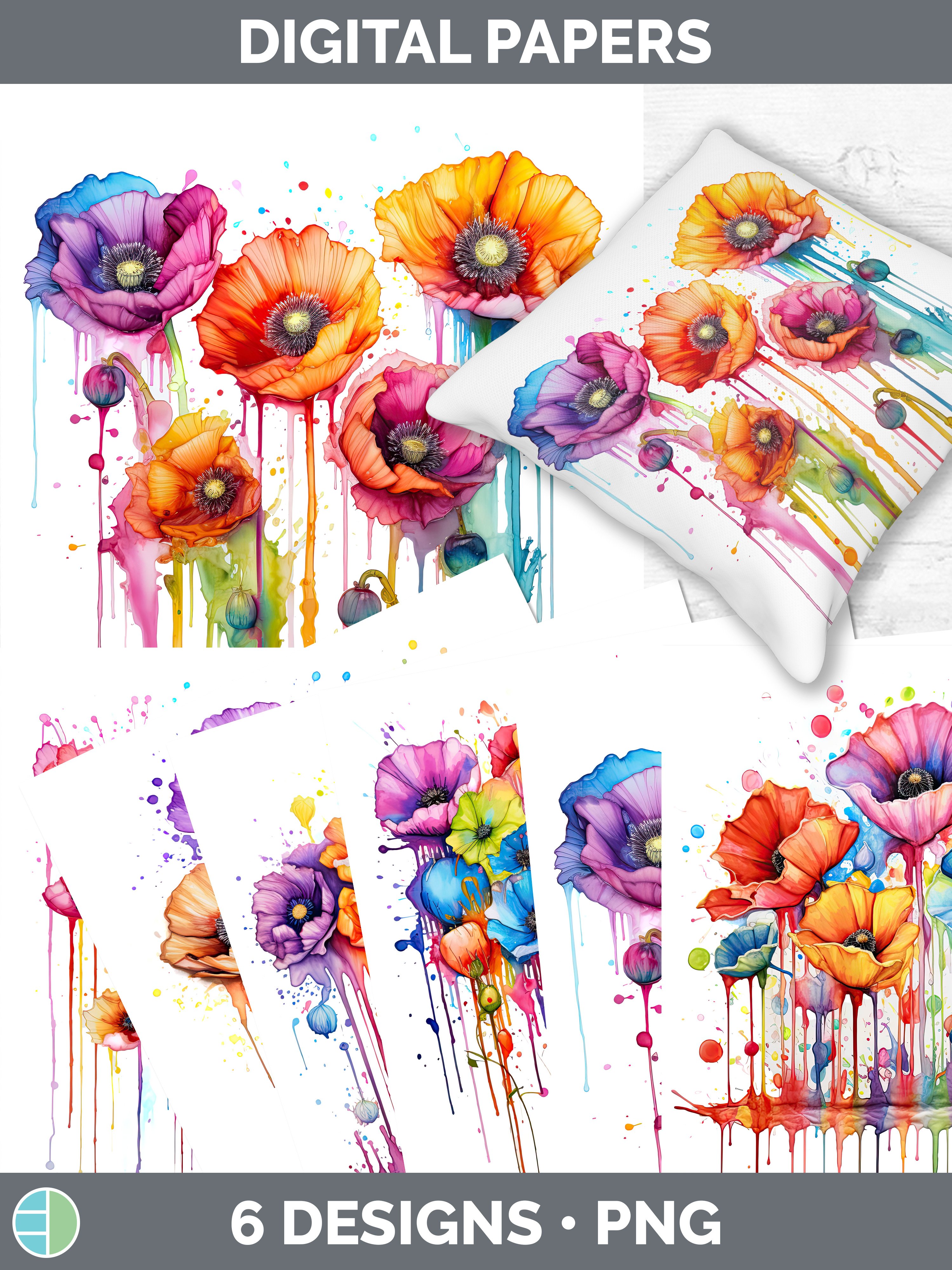 Splat Rainbow Poppy Flowers Paper Backgrounds | Digital Scra