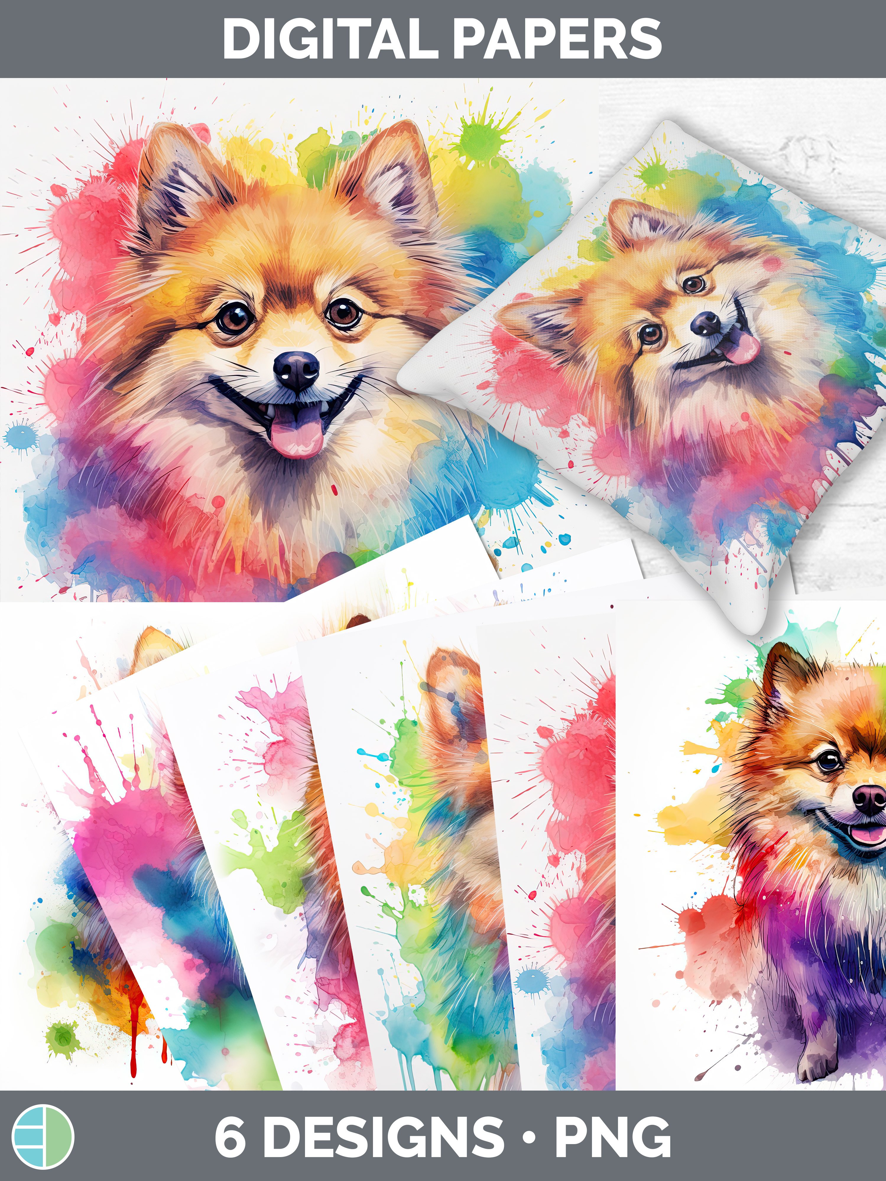 Splat Rainbow Pomeranian Dog Paper Backgrounds | Digital Scr