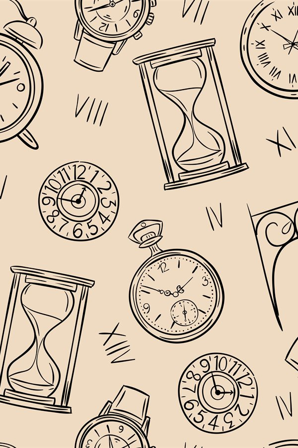 Clock seamless pattern. Sketch time, sketch hourglass and me