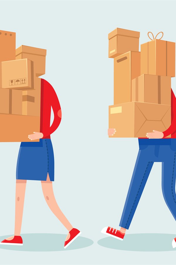 People carrying boxes stack. Cartoon man and woman with heav