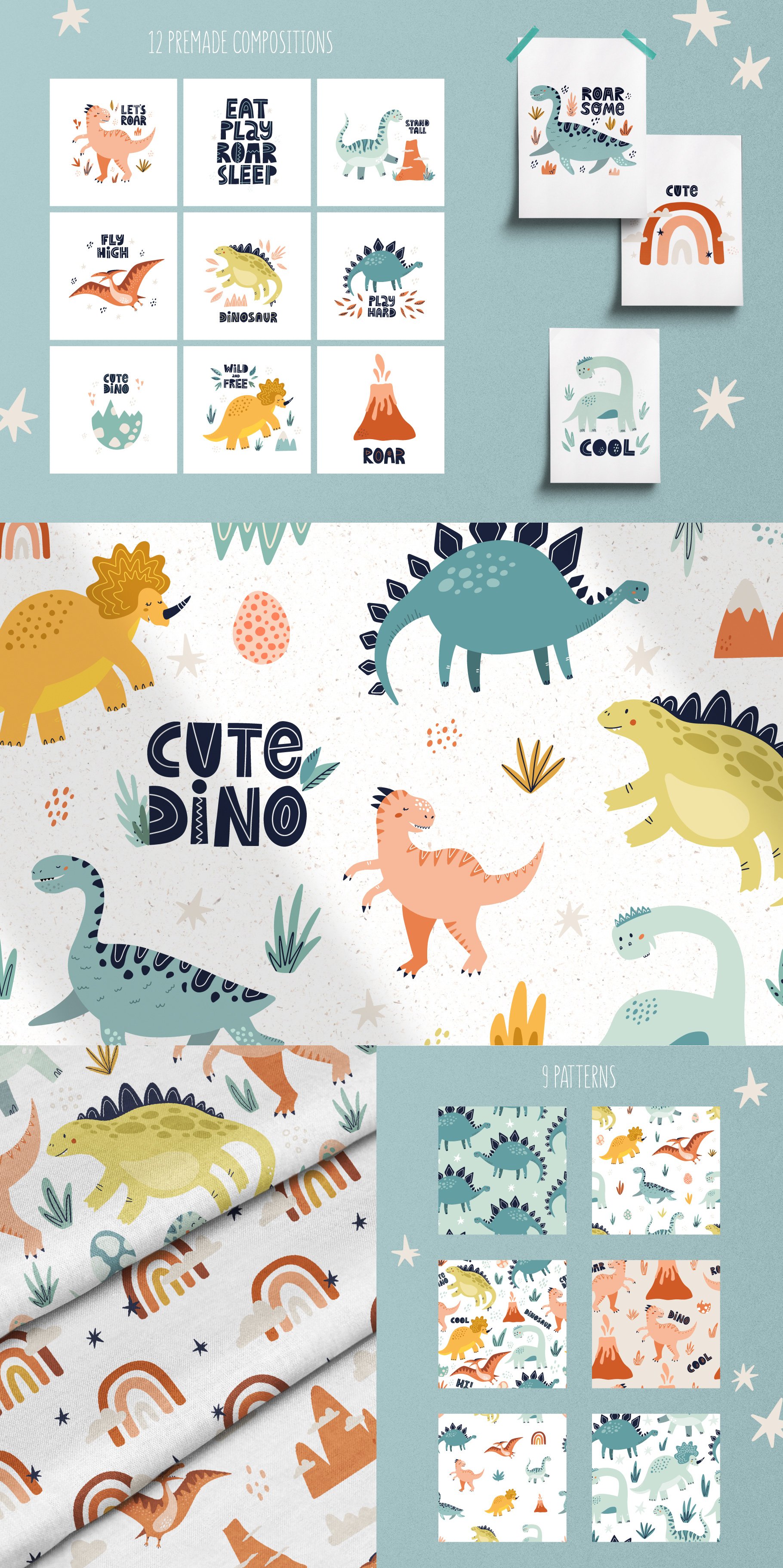 Cute Dinosaur Clipart & Lettering (1564942)
