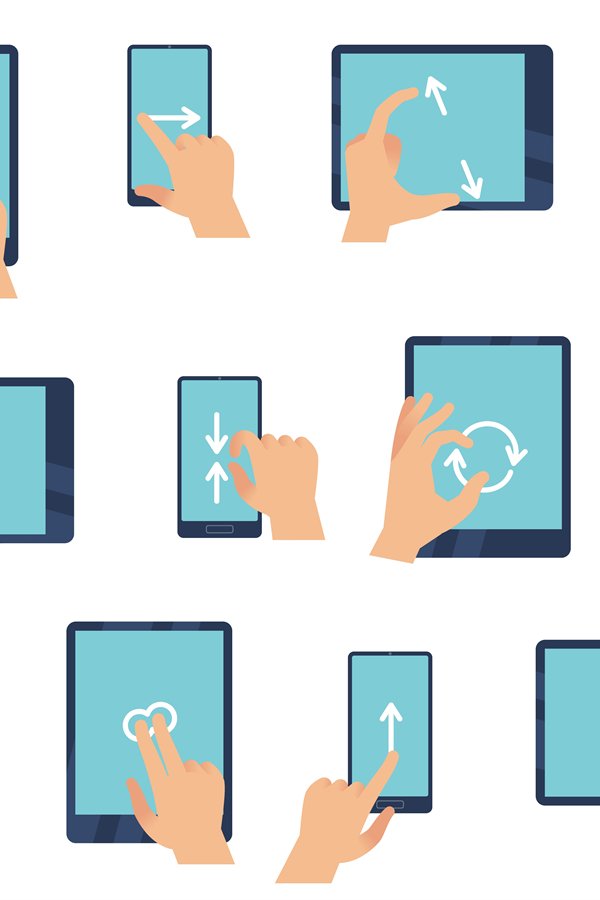 Hand gestures touching screen devices. Fingers gesture for t