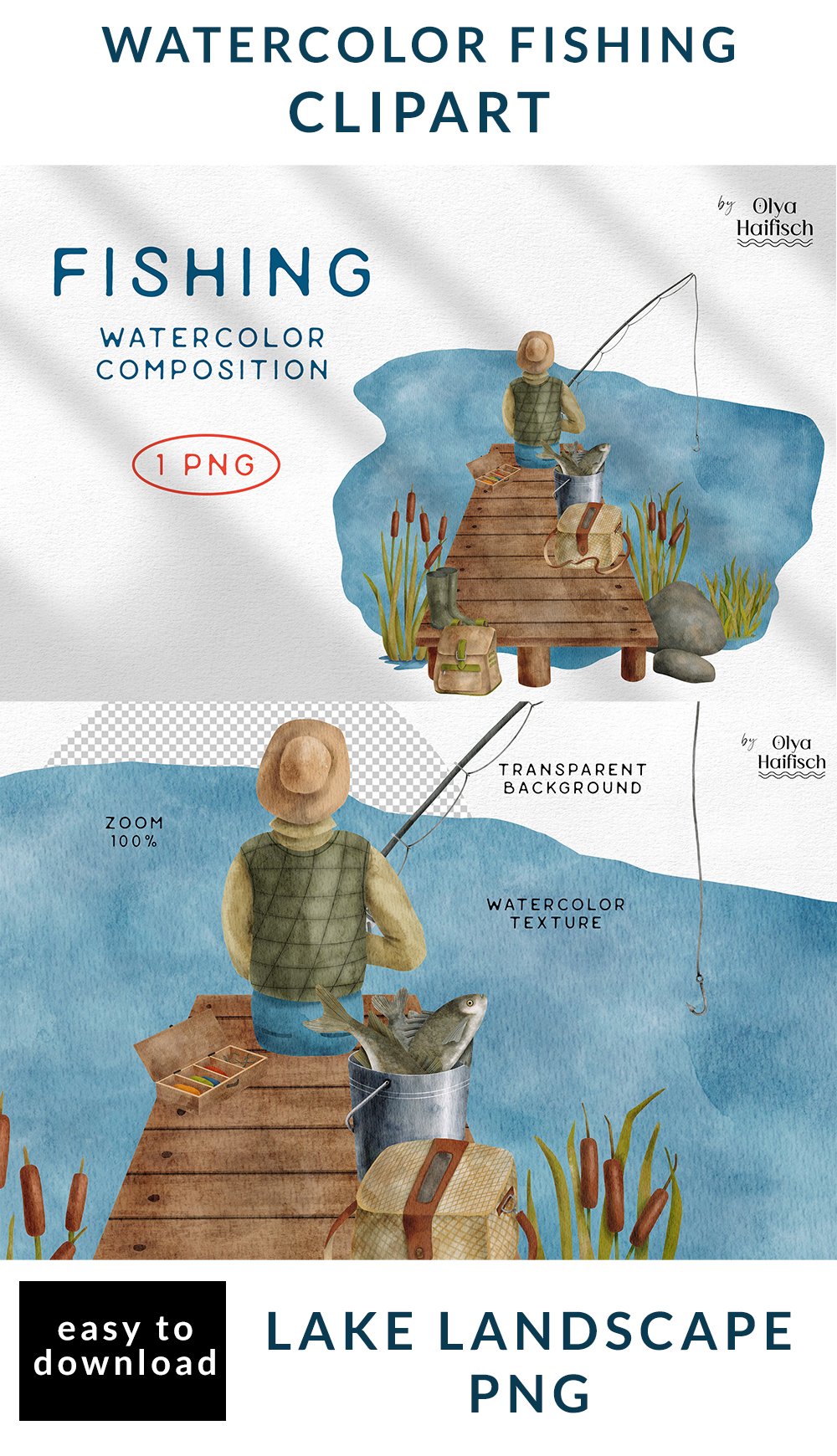 Fishing Watercolor Clipart. Fisherman on Lake PNG