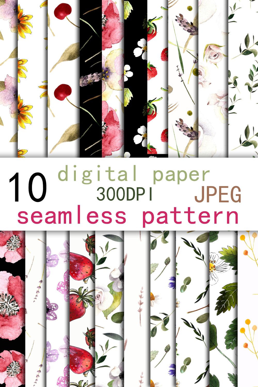 Watercolor flowers digital paper bundle. Seamless (2010358)