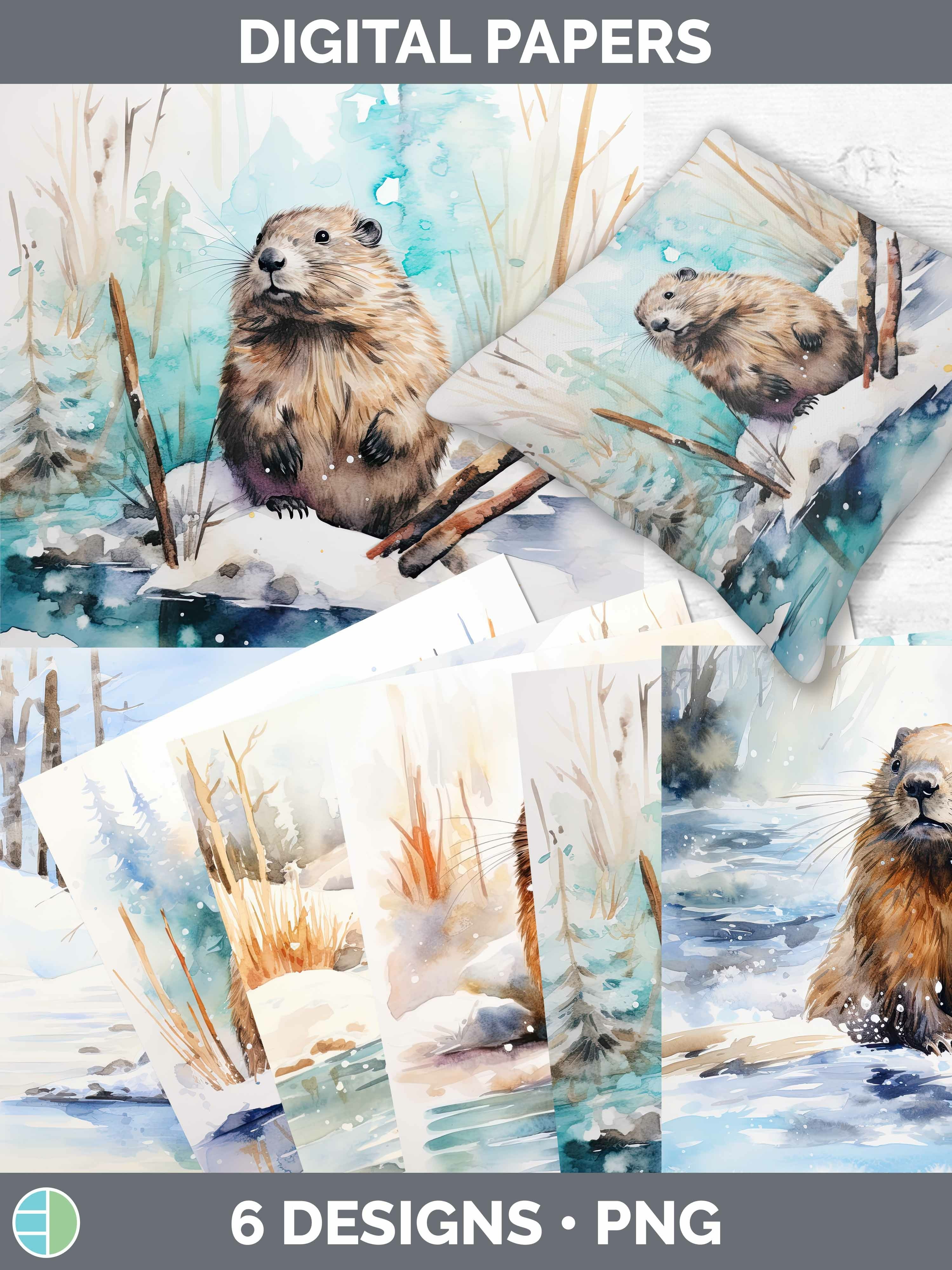 Watercolor Beaver Paper Backgrounds | Bundle Digital Scrapbo
