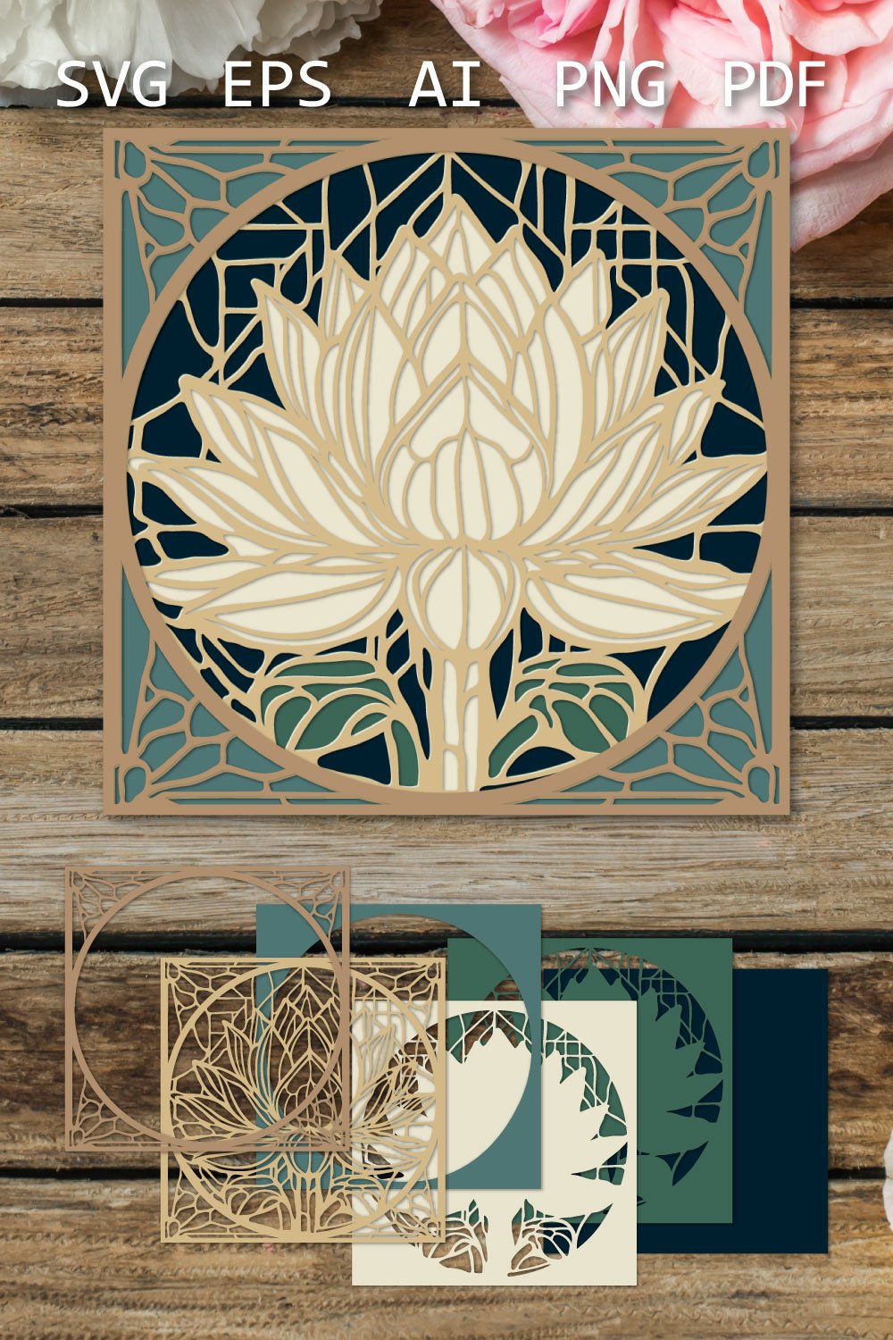 Stained Glass Lotus SVG, Layered papercut Flowers, 3D card