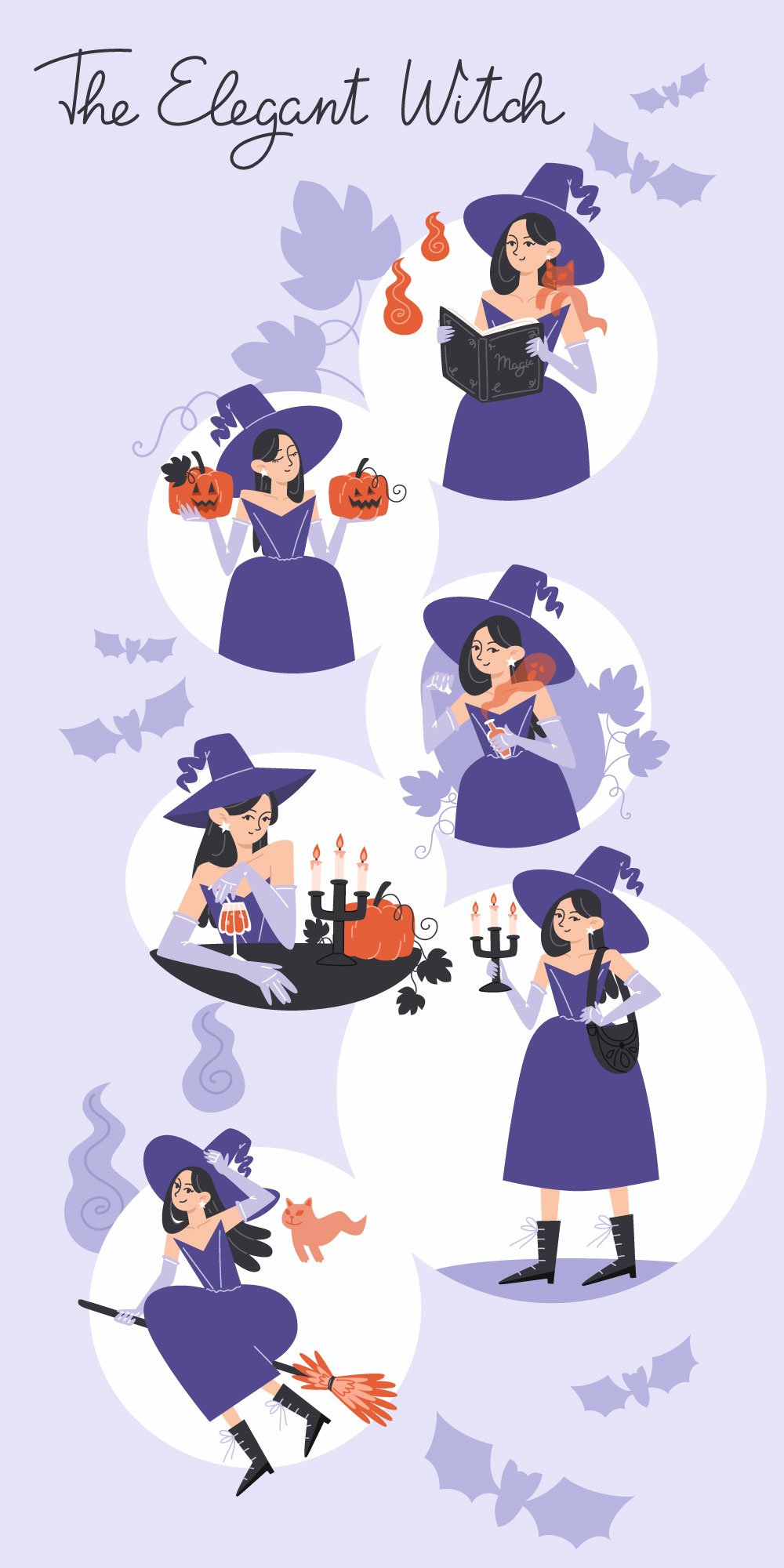 The collection of colorful Halloween Witch illustrations