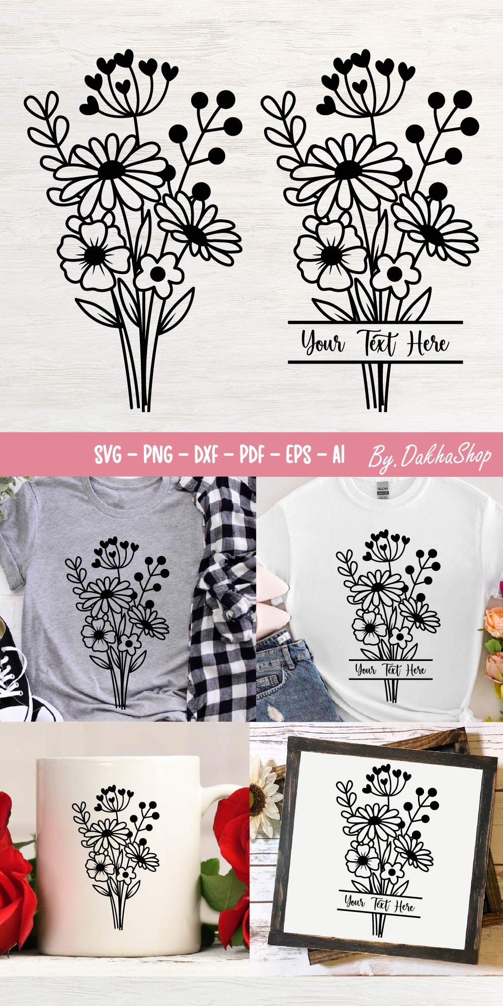 Flowers Svg, Flower split Monogram Svg, Floral Bouquet Svg.