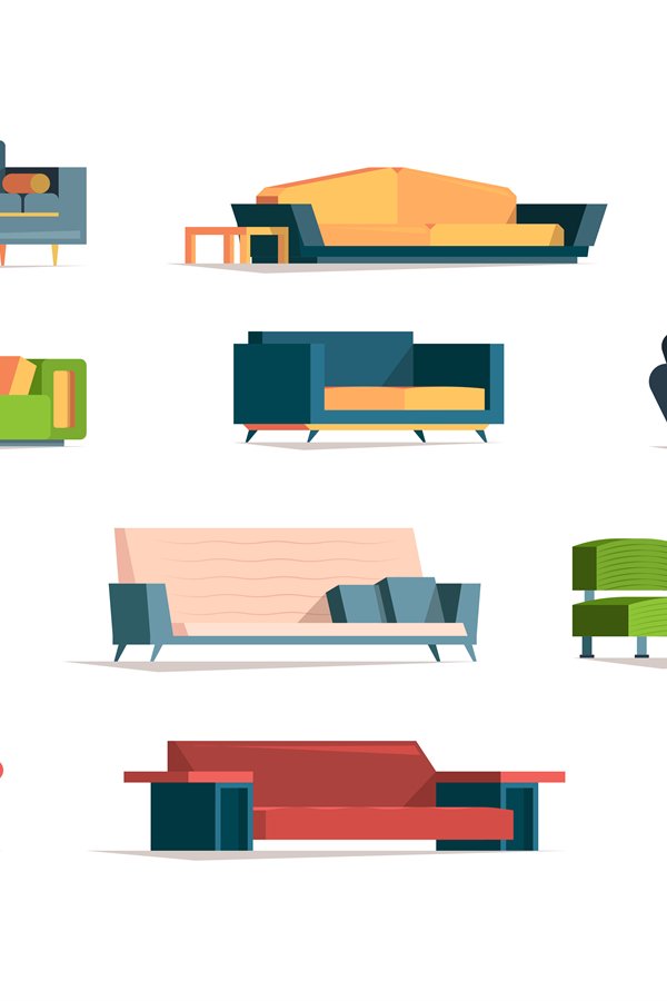 Soft furniture. Divan fabric couch simple set front view int