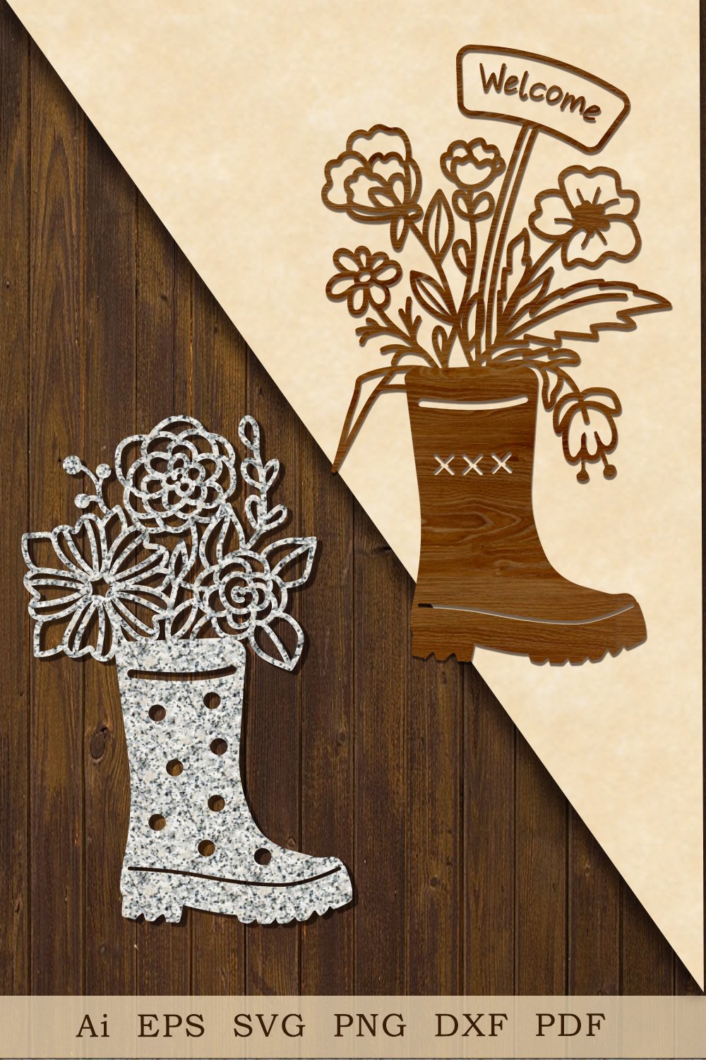 Rubber boot papercut template with flowers.