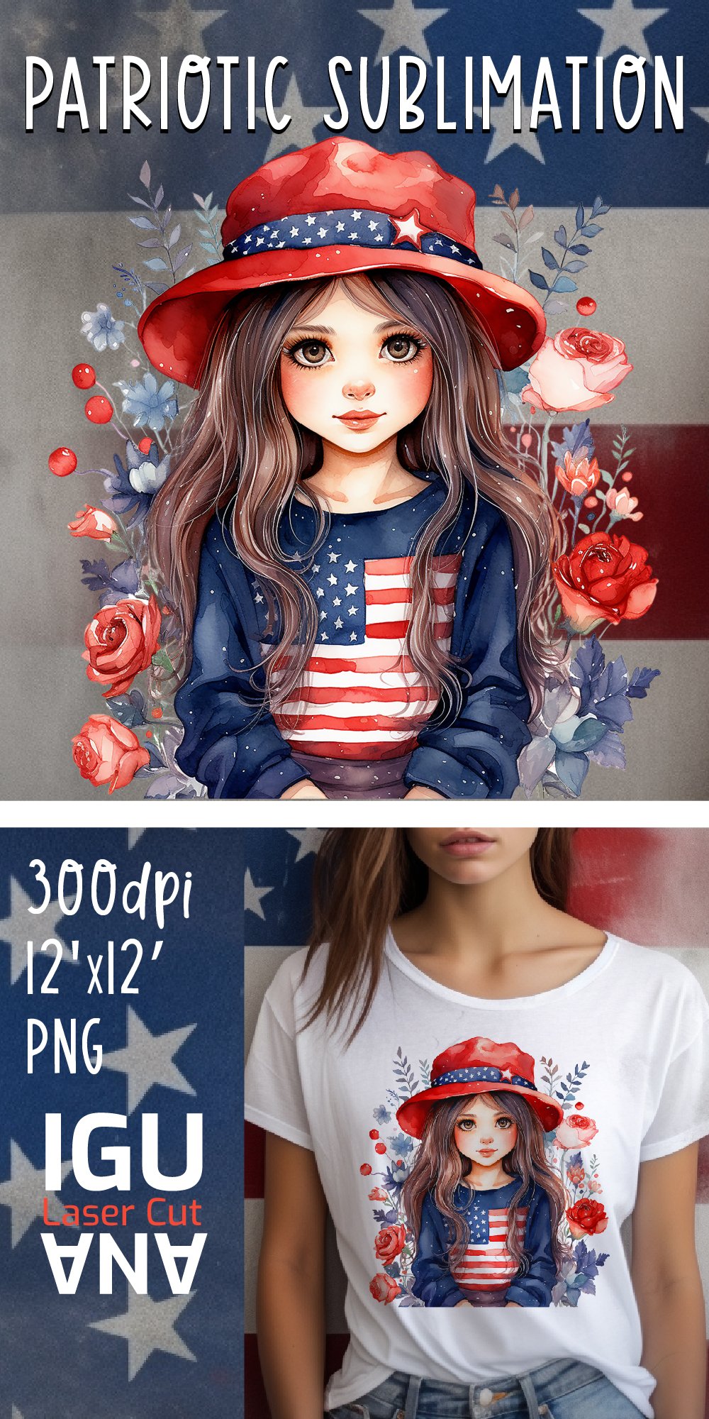 Watercolor sublimation American Patriotic Girl, 4th of July