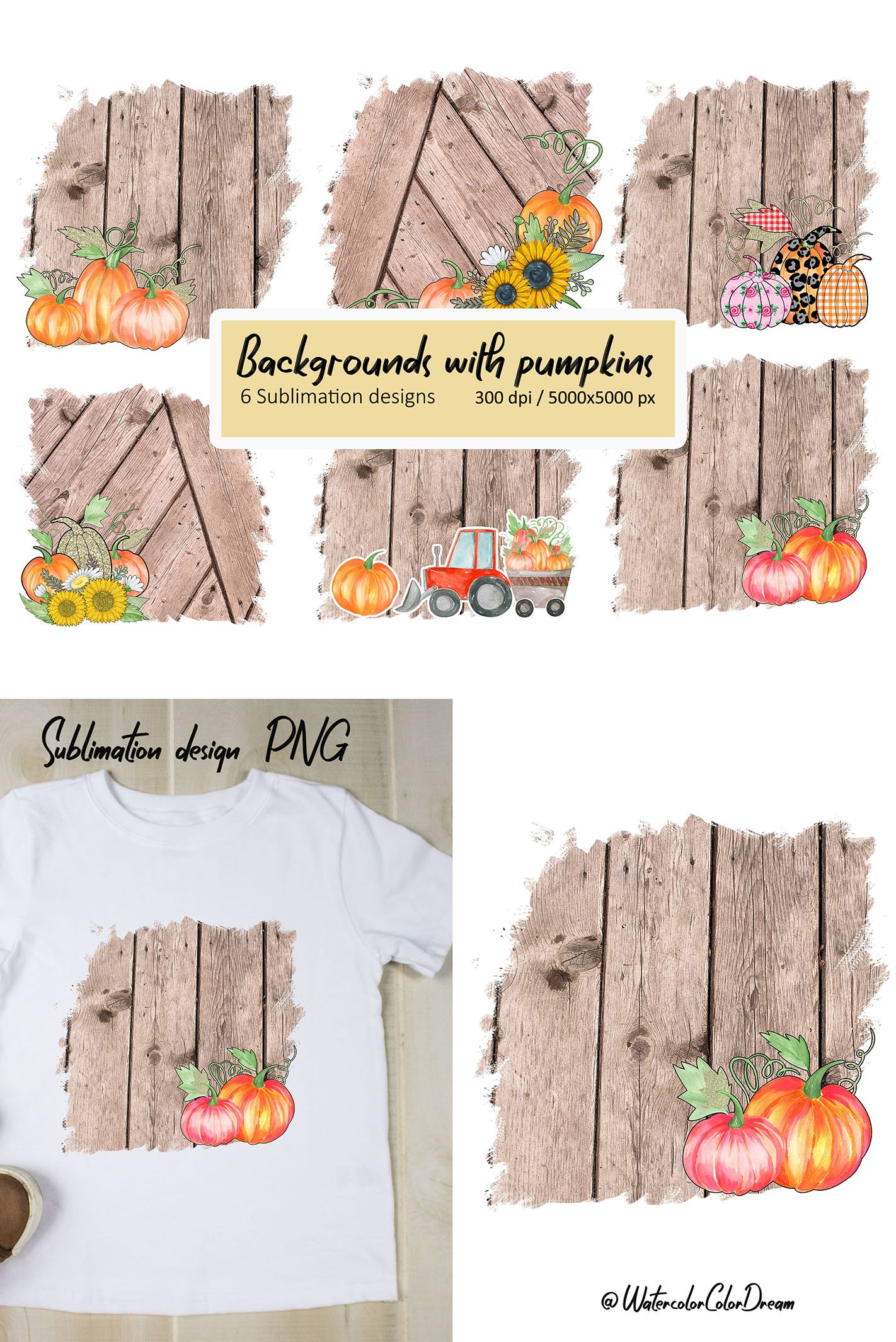 Wooden background with pumpkin. Fall sublimation design