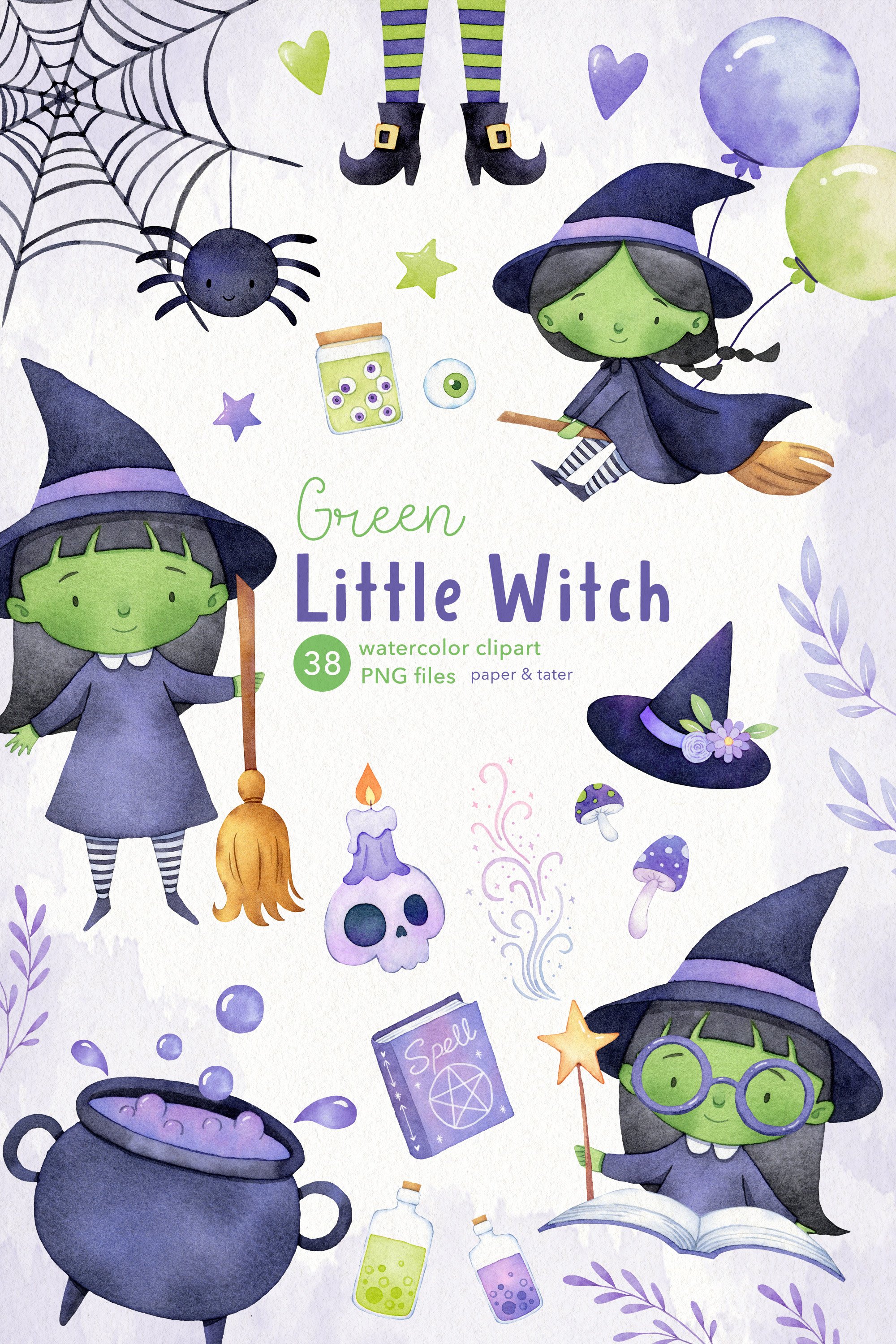 Green Little Witch Watercolor Halloween Clipart, Witch PNG