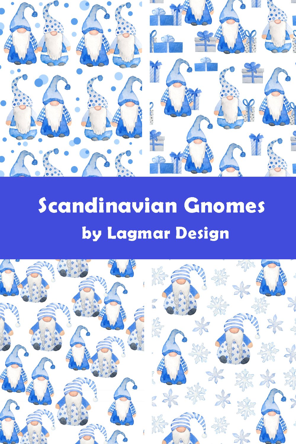 Blue Christmas gnomes digital paper Nordic seamless pattern