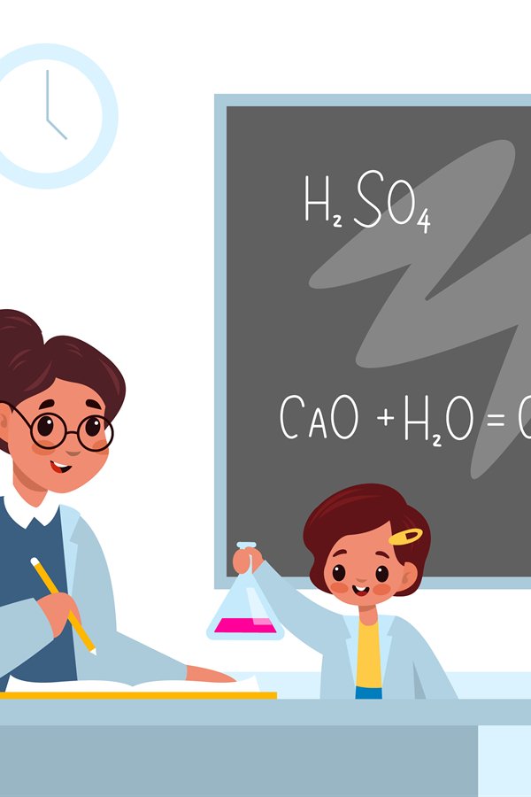 Chemistry lesson. Students in classroom interior with teache