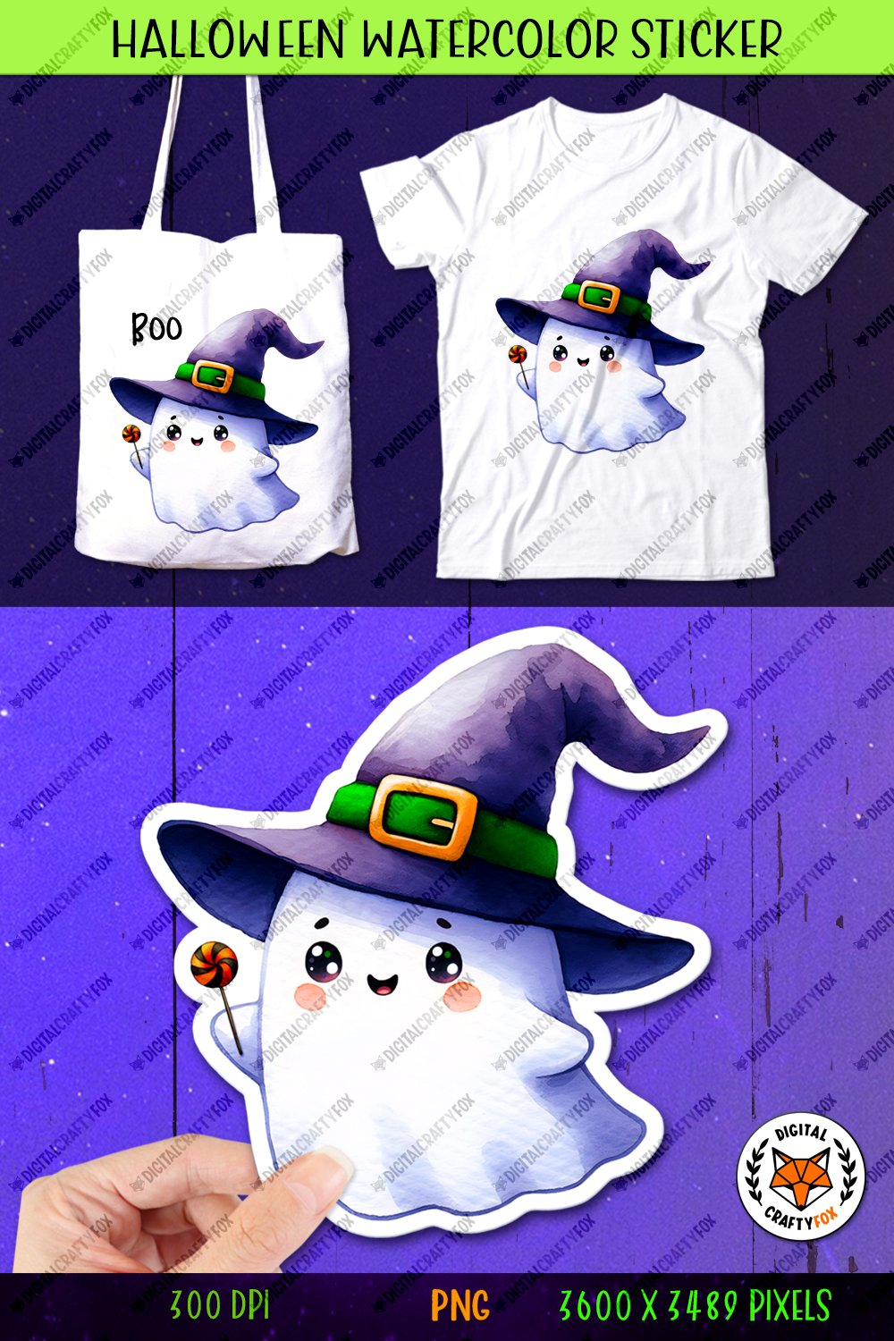 Halloween Ghost Witch Hat Sticker, Halloween Sublimation