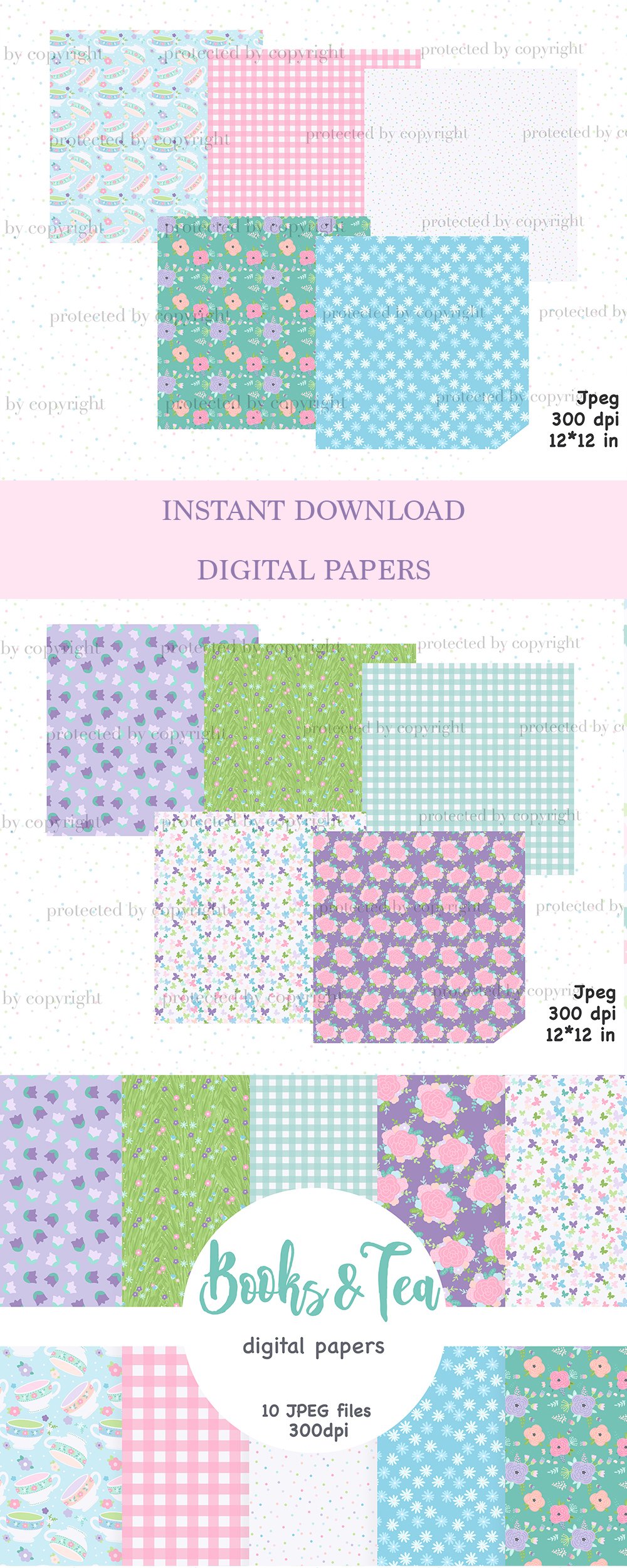 Books Tea Digital Paper | Spring Seamless Patterns Set