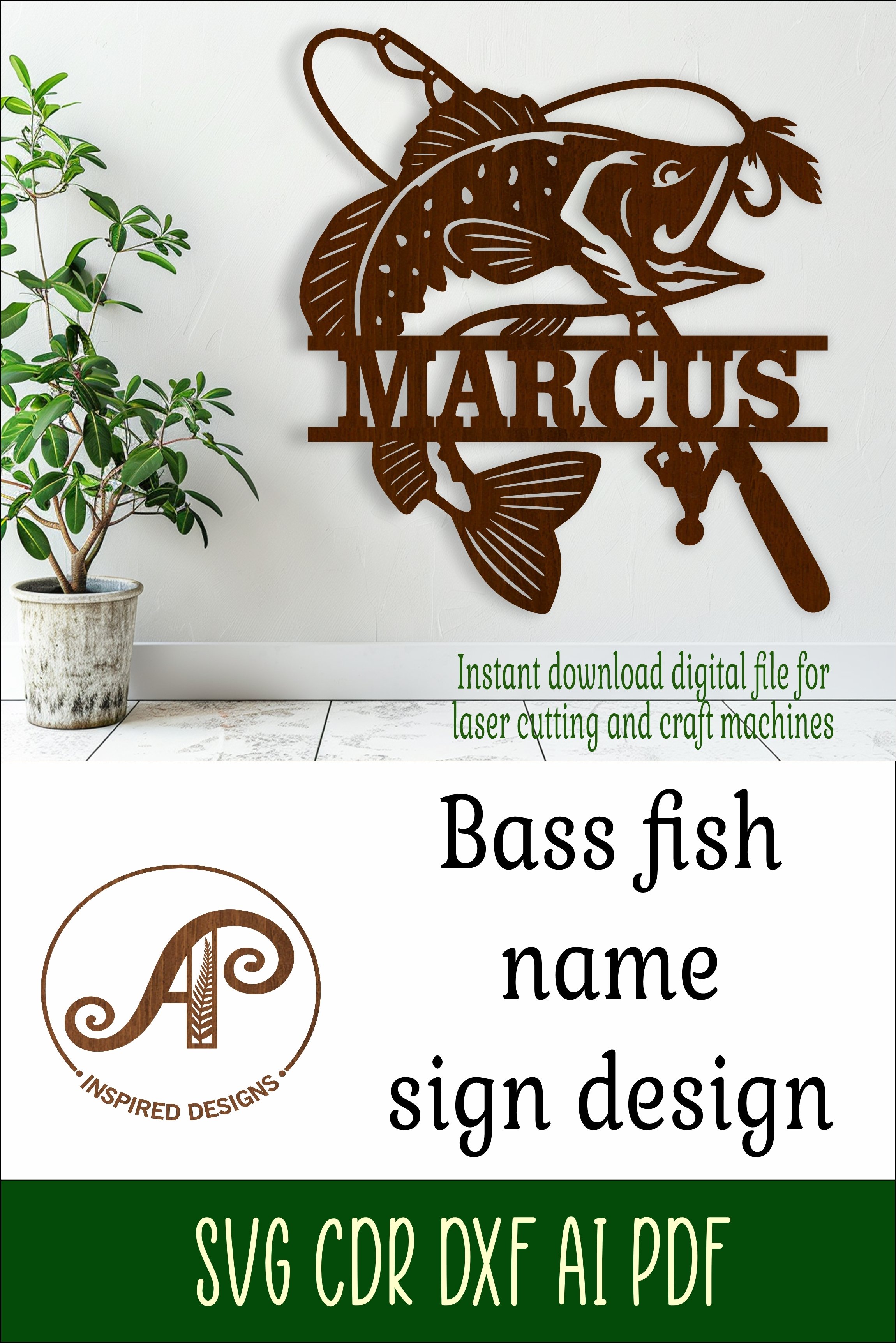 Bass fish name sign svg laser cut file