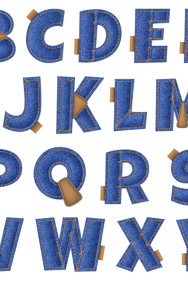 Denim font. Jeans textile english alphabet, comic textured f