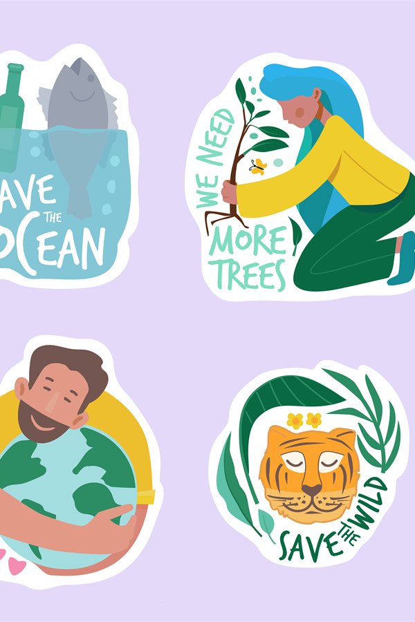 Ecology sticker. Green planet save earth protection environm