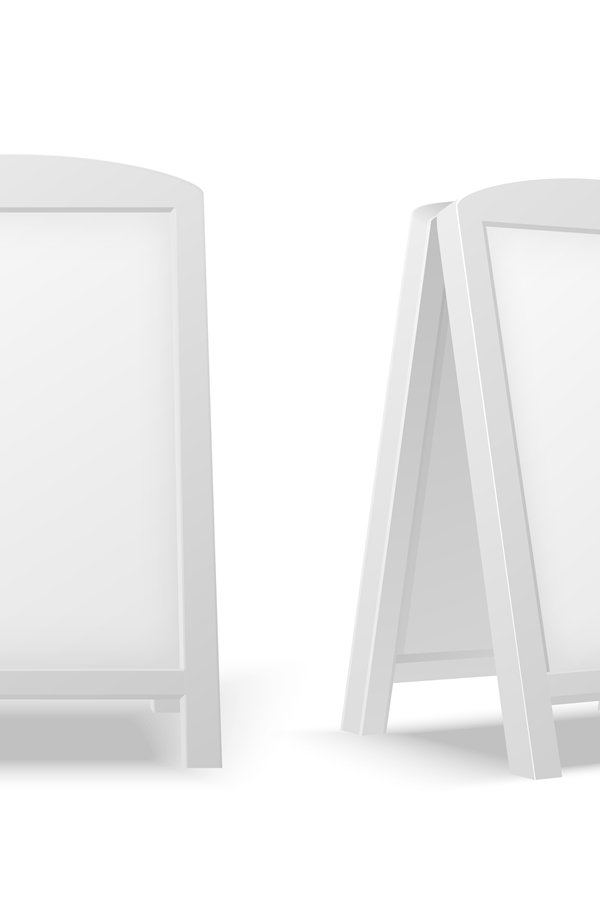 Sidewalk display board. Empty blank white advertising stand.