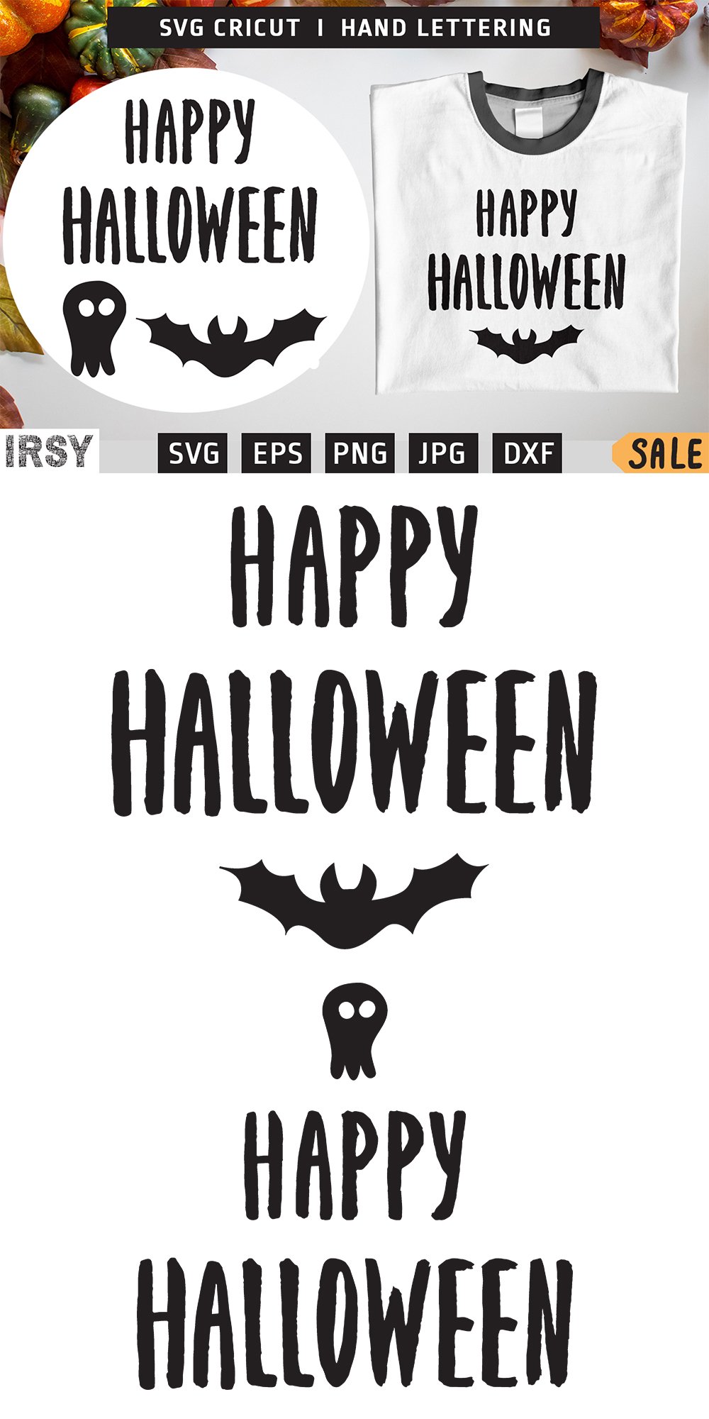 Happy Halloween Lettering SVG with Bat and Ghost Cut File