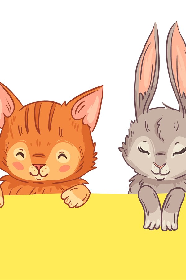 Cartoon animals looking out. Cute dog with bow, mouse, cat a