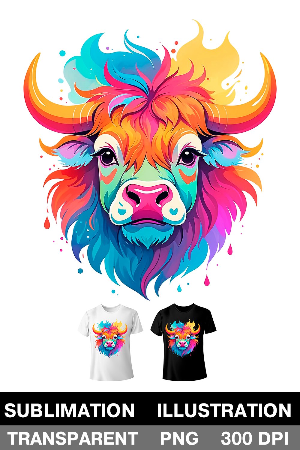 Rainbow Highland Cow clipart, print design 1PNG