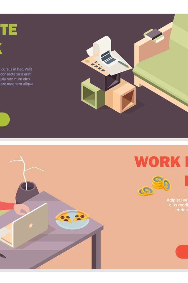 Remote work banners. Isometric people working from home. Man