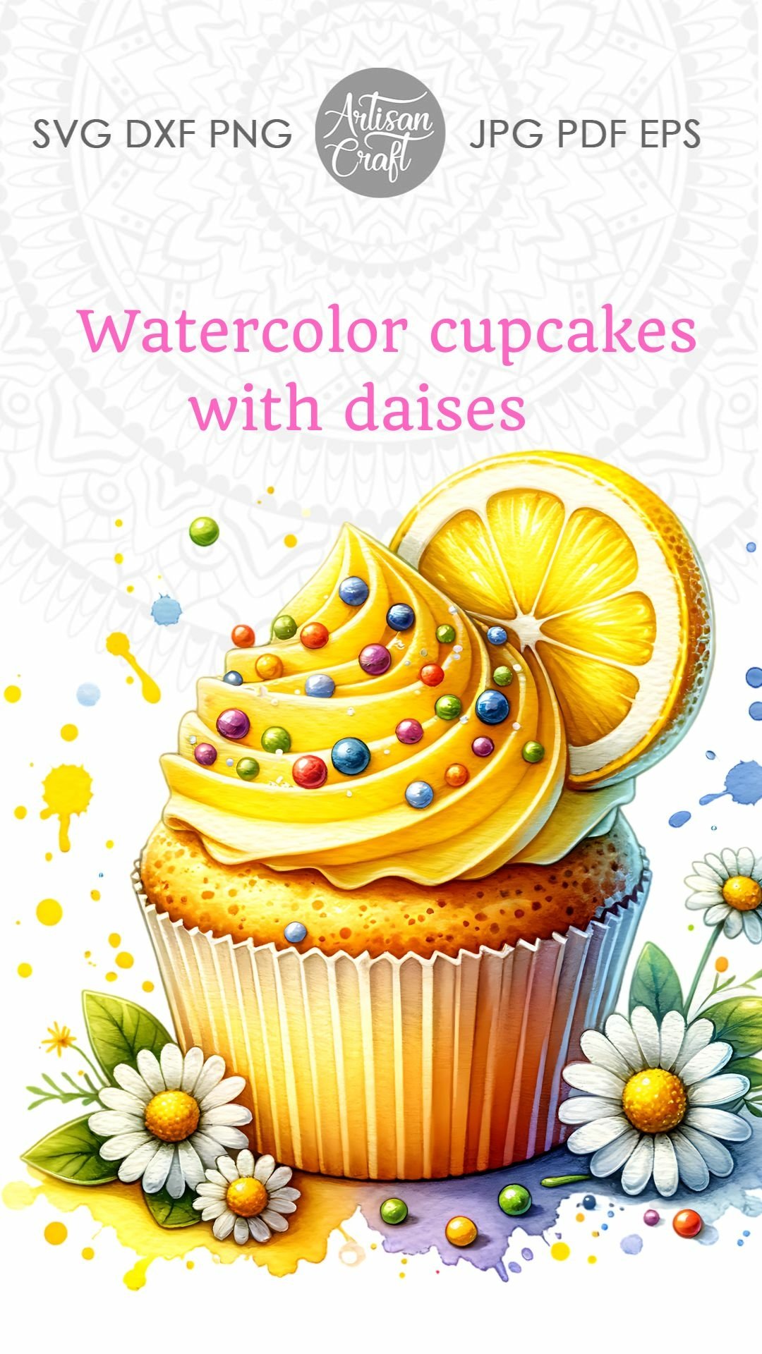 Watercolor cupcake with lemon wedge and daisies