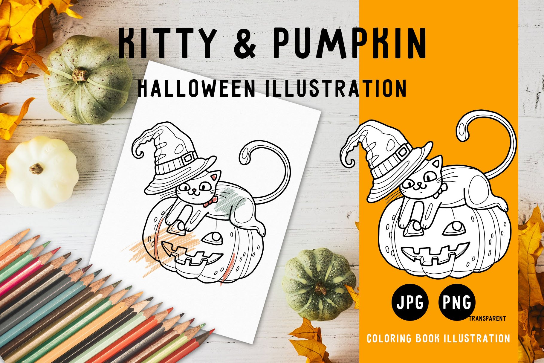 Halloween cat art Kitty & Pumpkin coloring page (1568763)