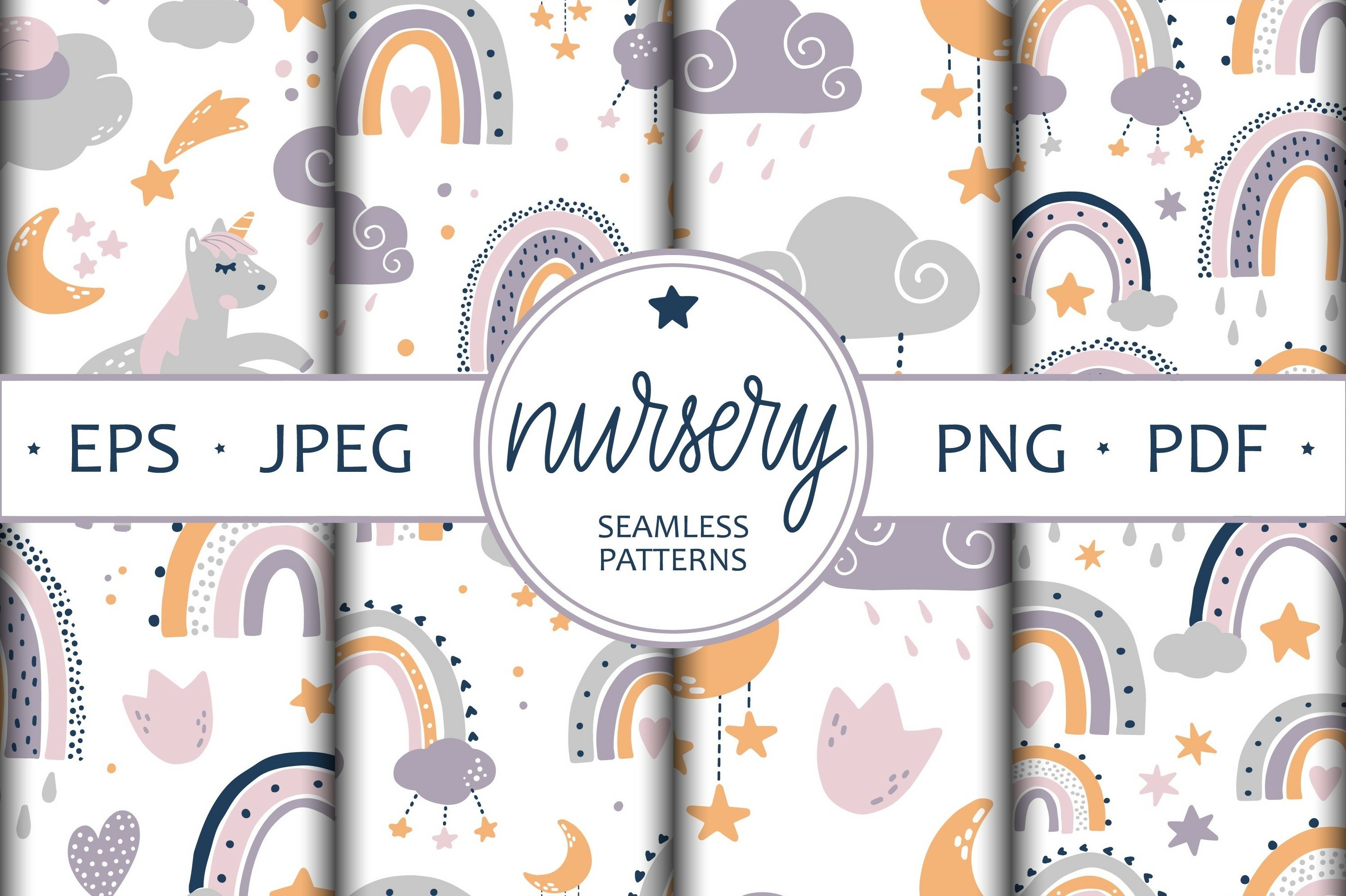 4 NURSERY PATTERNS WITH RAINBOWS AND UNICORNS