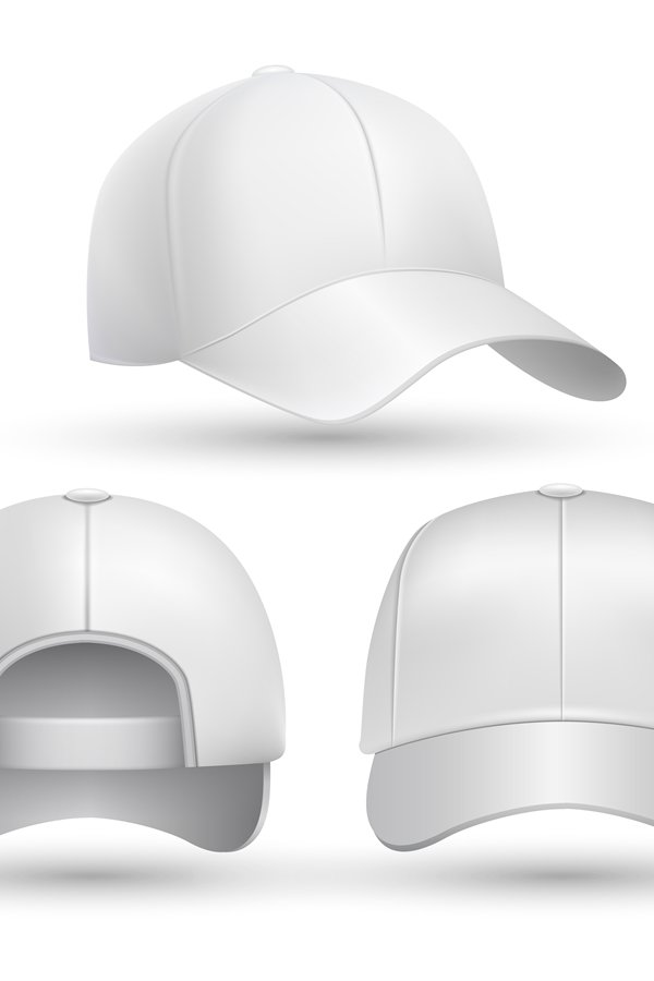 Realistic baseball cap front, side, back views set. Stock ve