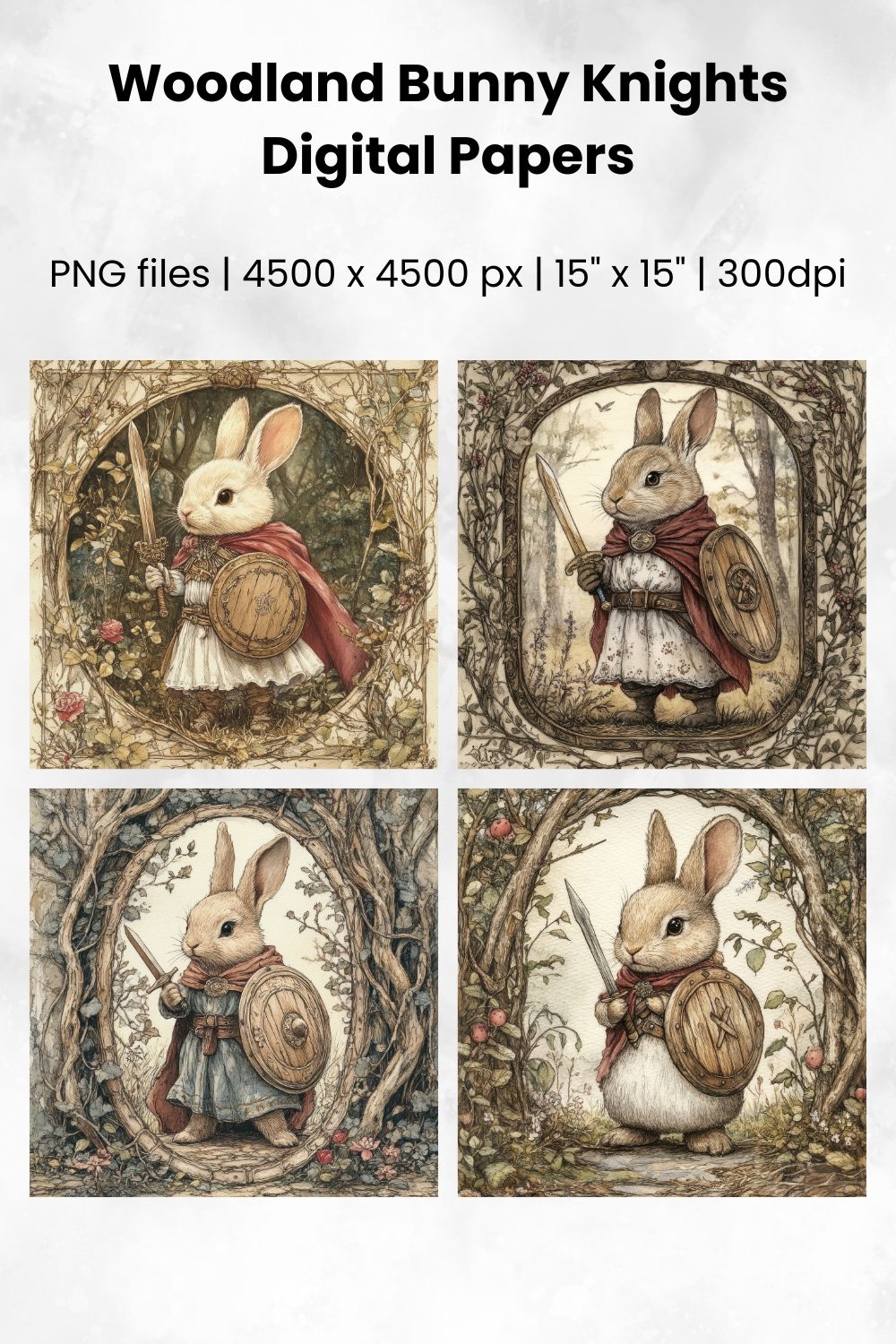 Woodland Bunny Knights Digital Papers 4 PNG Designs