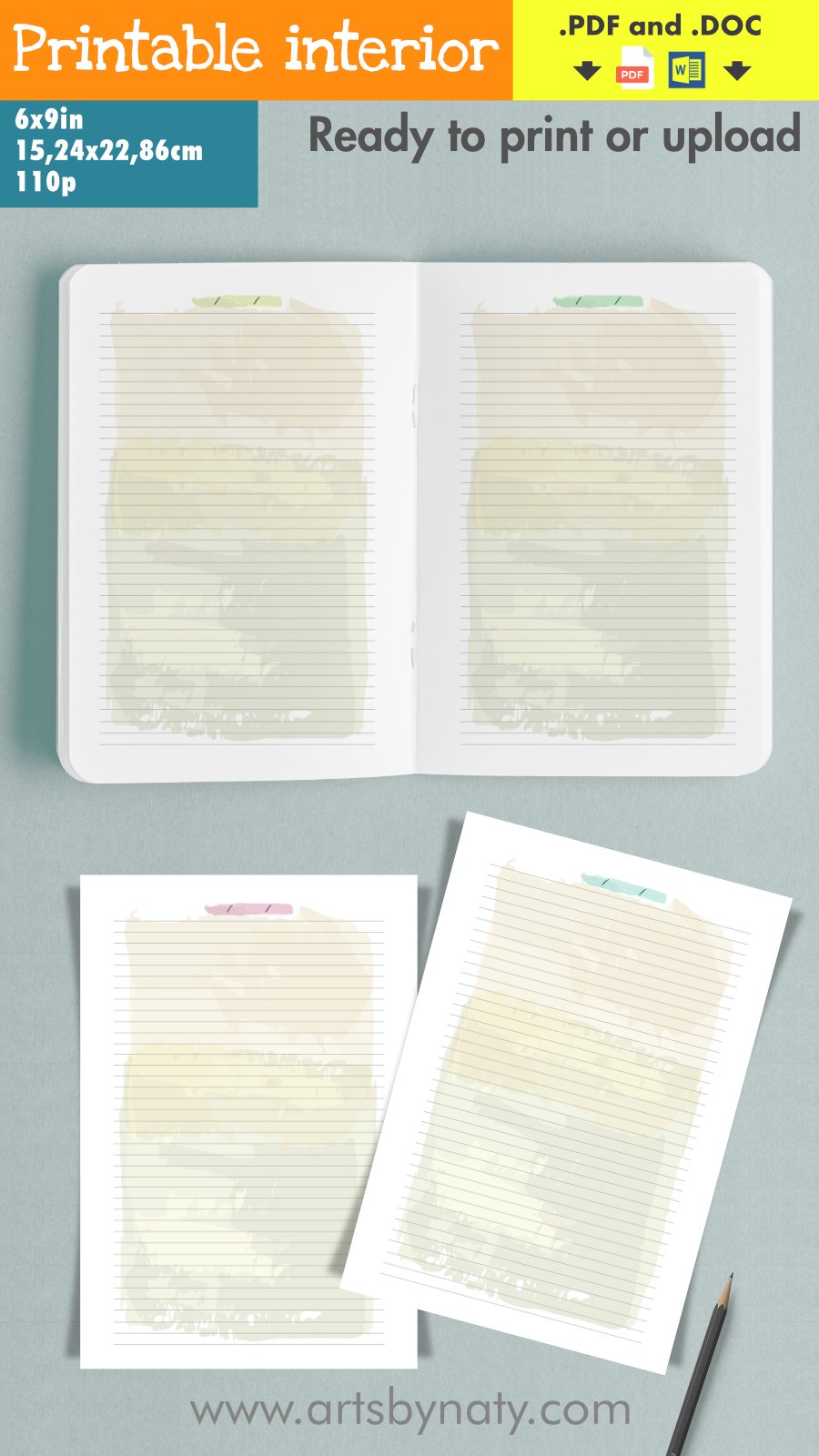 Watercolor lined beautiful journal printable insert.