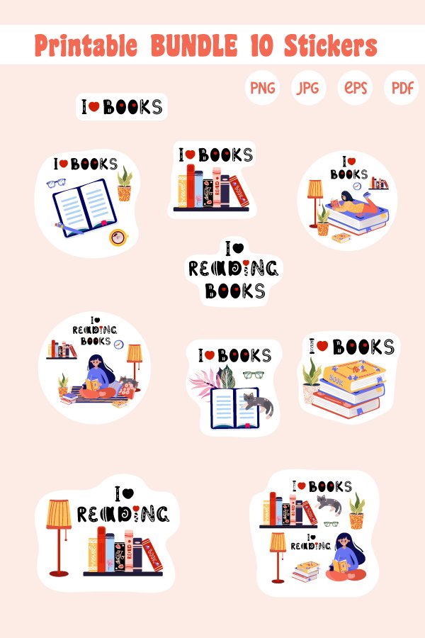 Stickers Bundle, Printable 10 Stickers with books, Reading