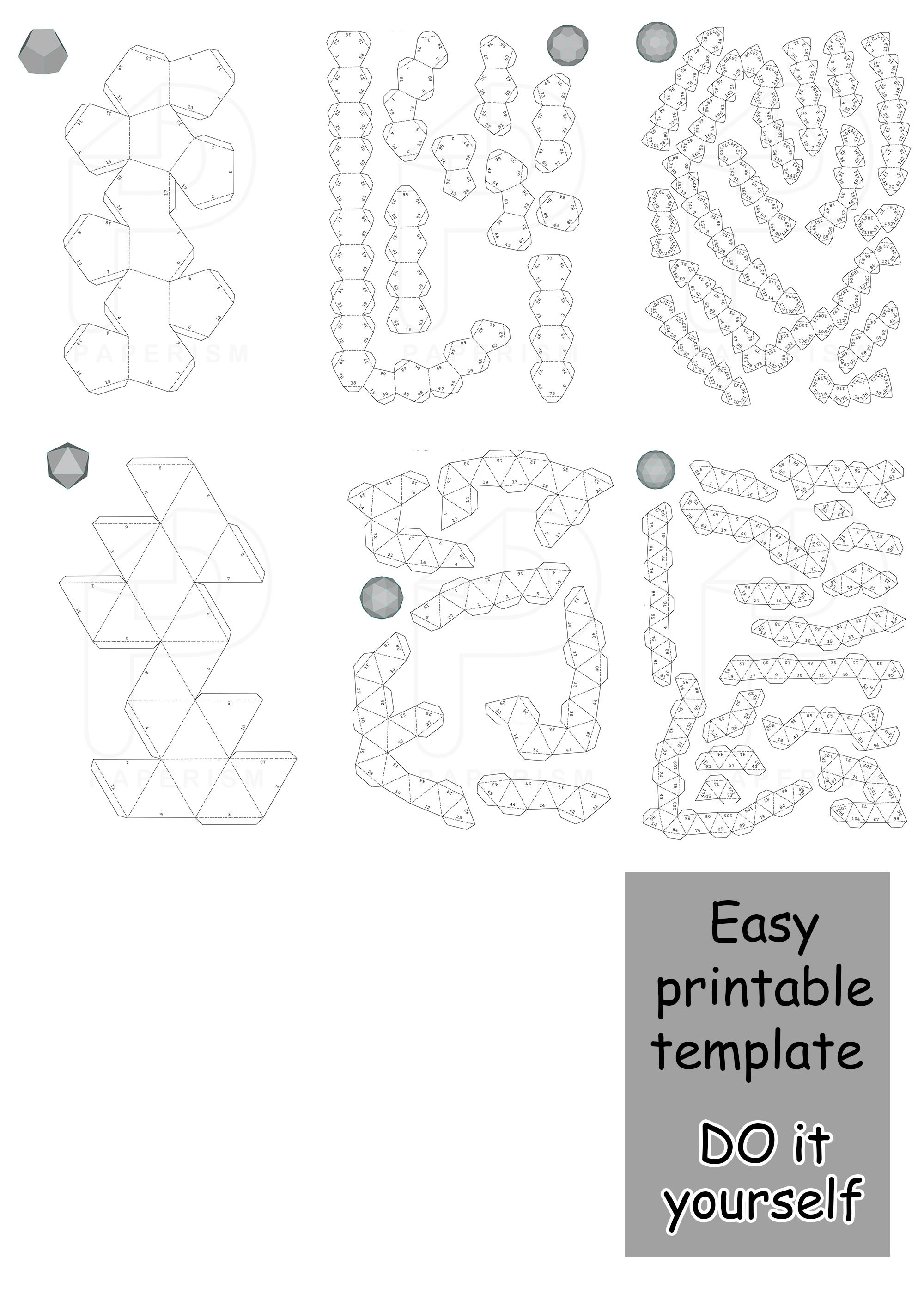 3d Platonic solid set 3, DIY Polyhedron models, PDF Template