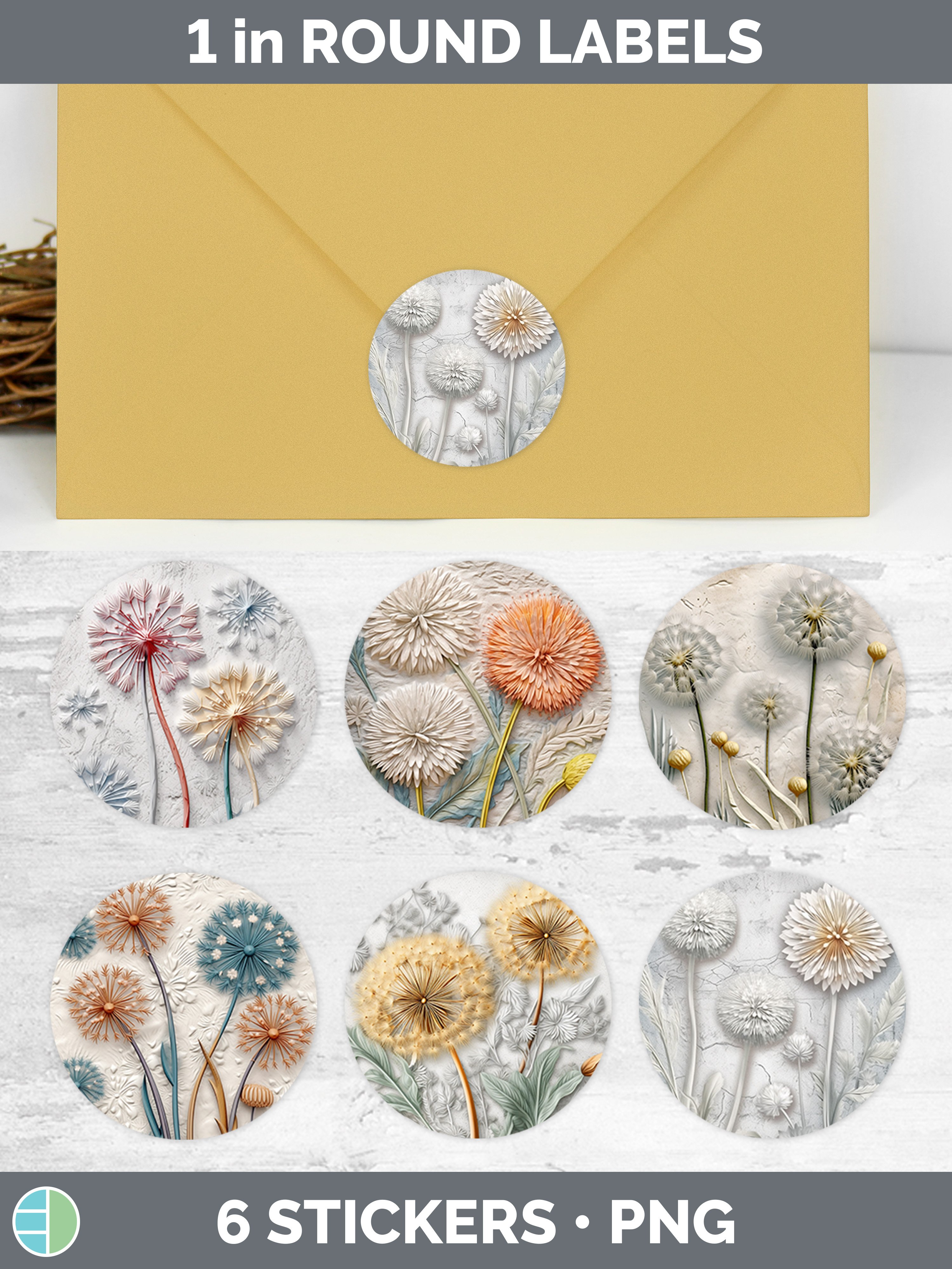 3D Dandelion Flowers Stickers | Round Labels Designs Bundle