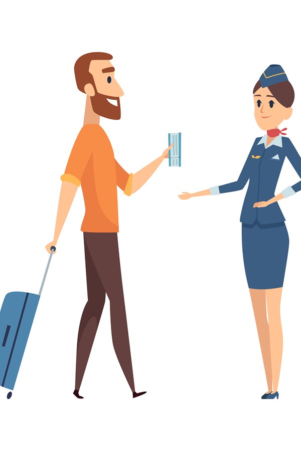 Man with fly ticket. Cartoon guy going on plane board with l