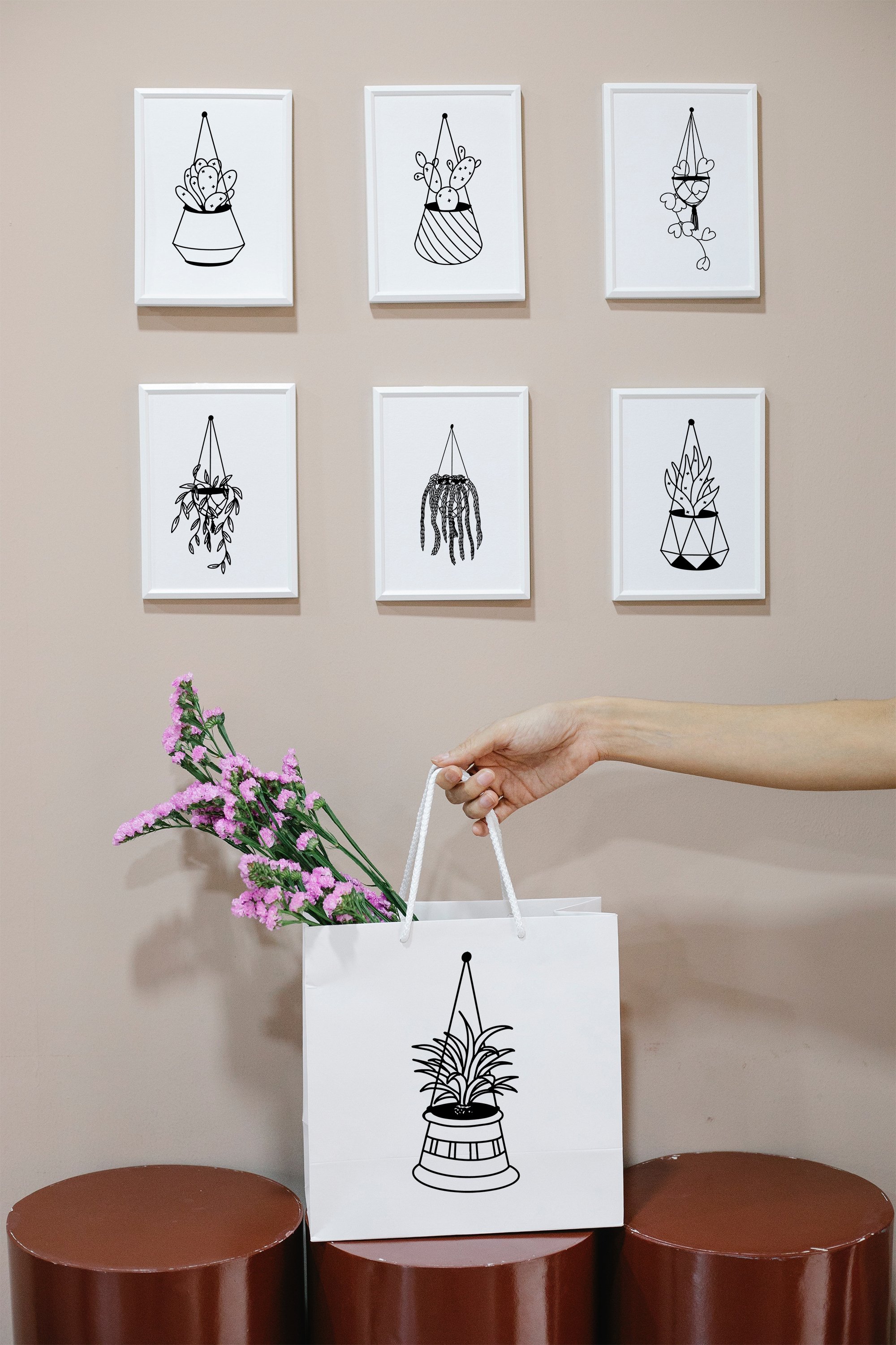 Flowers in Hanging Pots. Line Art Graphic