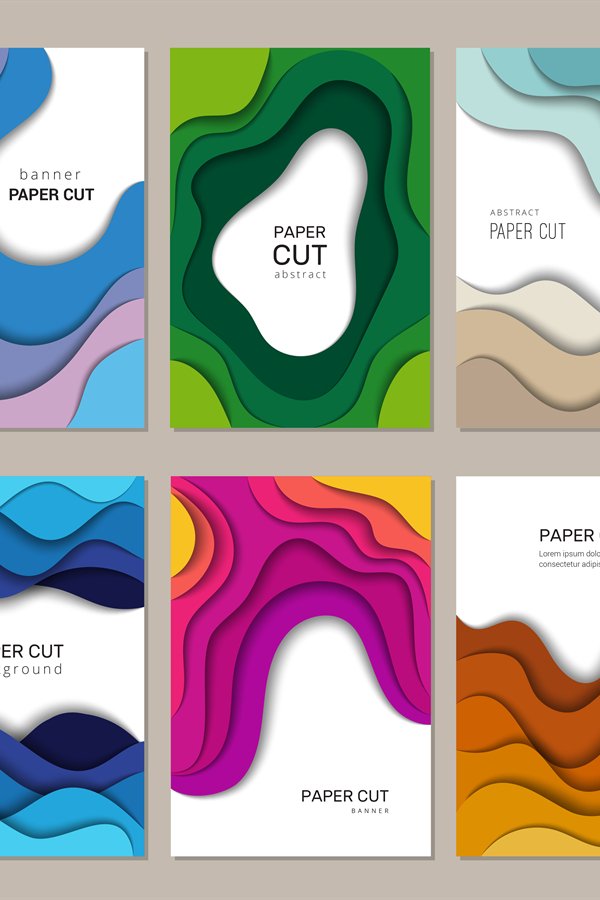 Paper cut banners. Vector abstract origami cutting waves wit